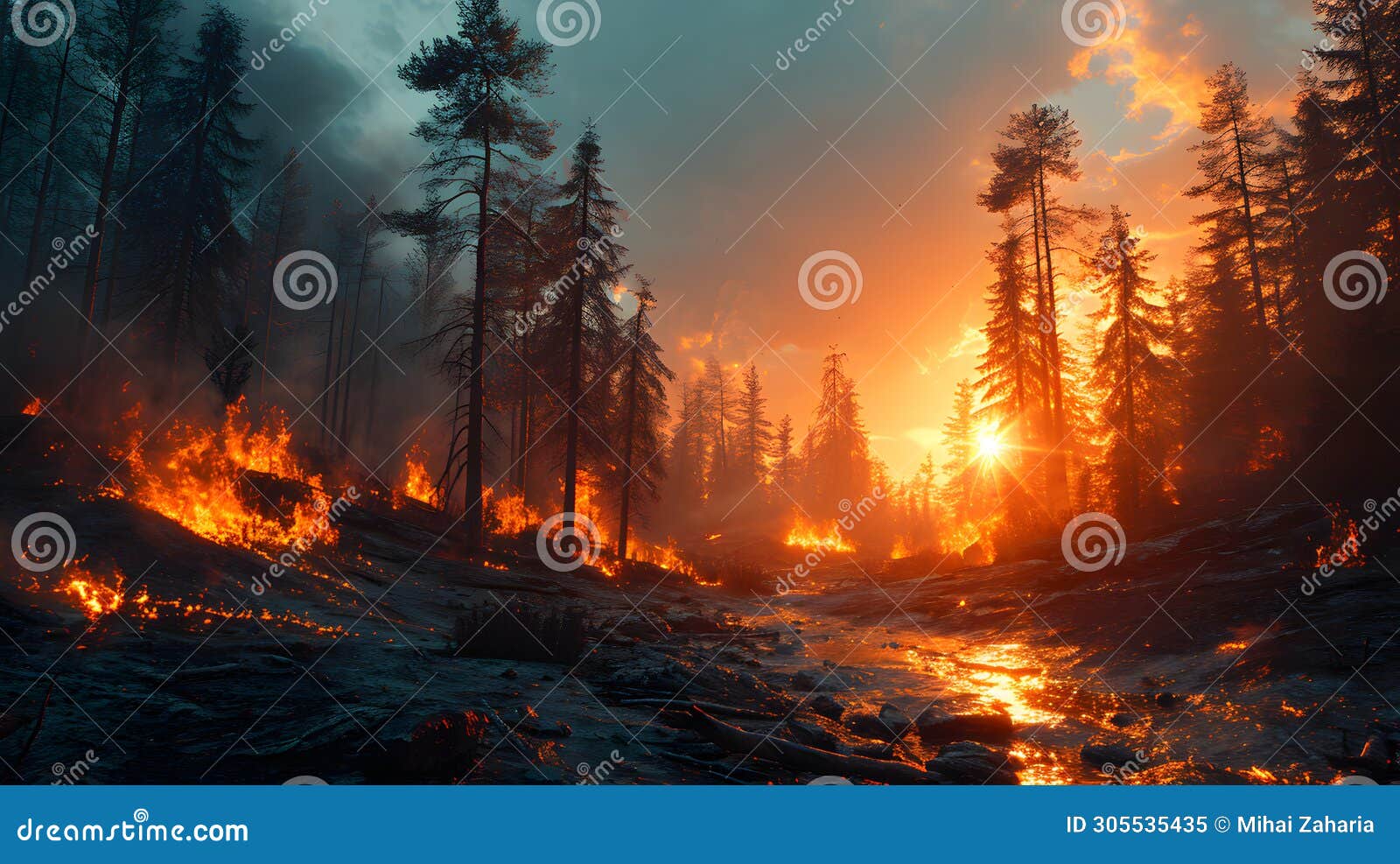 Forest Wildfire at Sunset. Created with Generative AI Stock ...