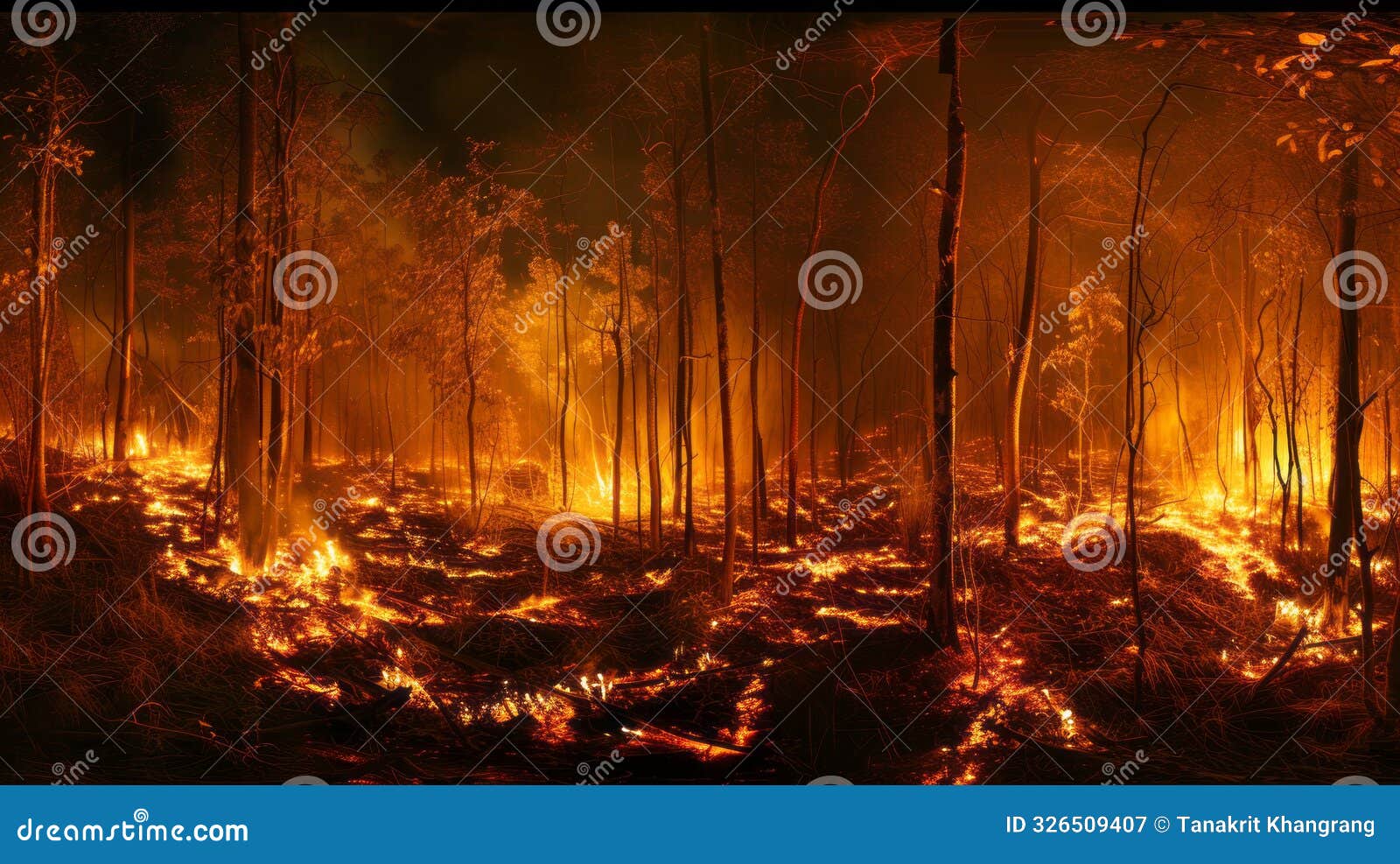 Forest Wildfire at Twilight, Panoramic View of a Devastating Forest ...