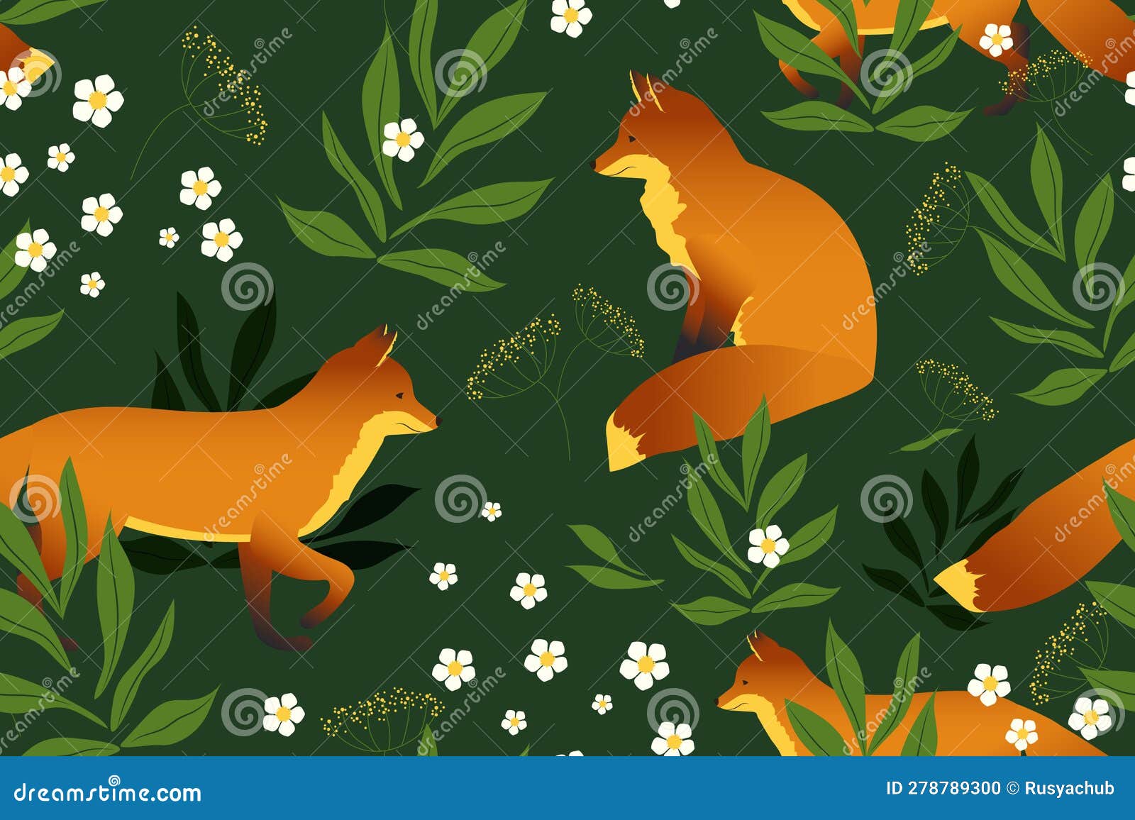 Forest Wildlife with Hand Drawn Beautiful Foxes. Seamless Pattern Stock ...