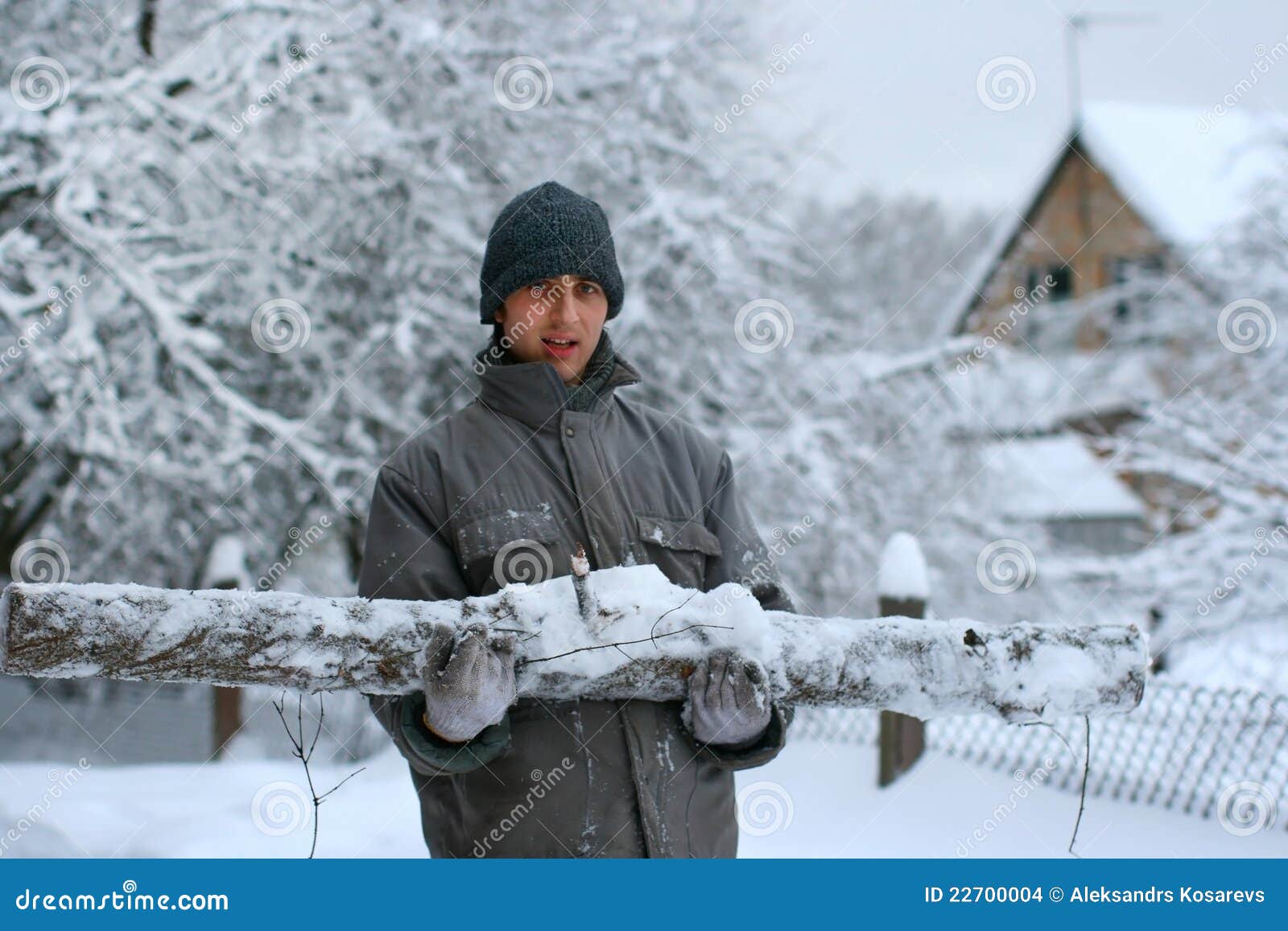 Forest Worker with Big Hewed Log Stock Photo - Image of forest, snow ...