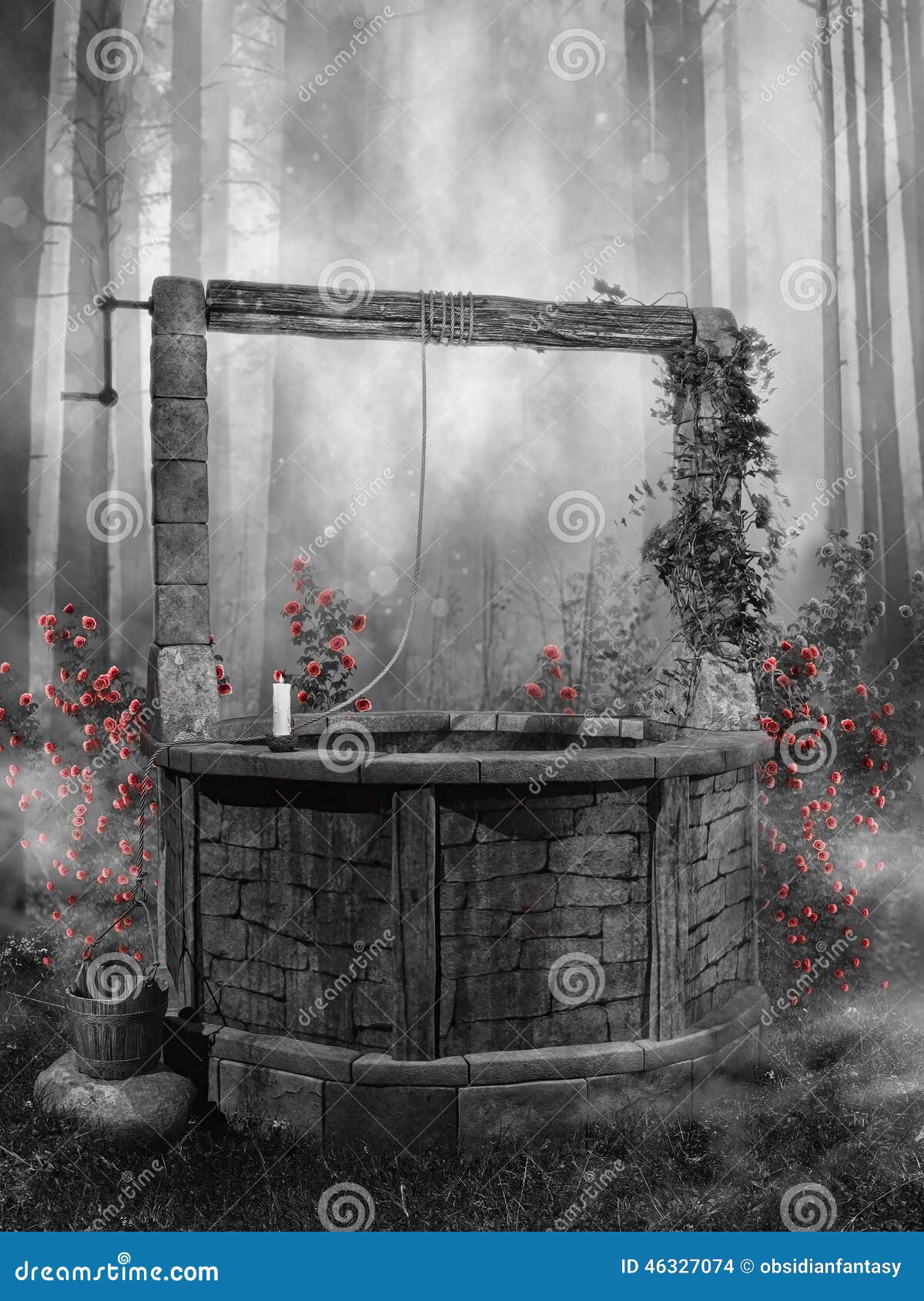 Foresta scura con un pozzo illustrazione di stock. Illustrazione di ...