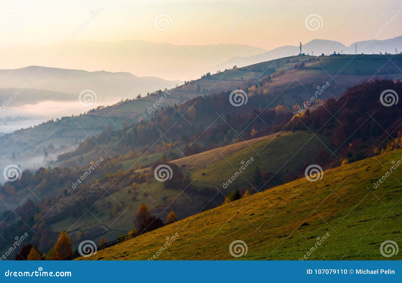 Forested Hill on Hazy Autumn Morning Stock Photo - Image of hilly ...