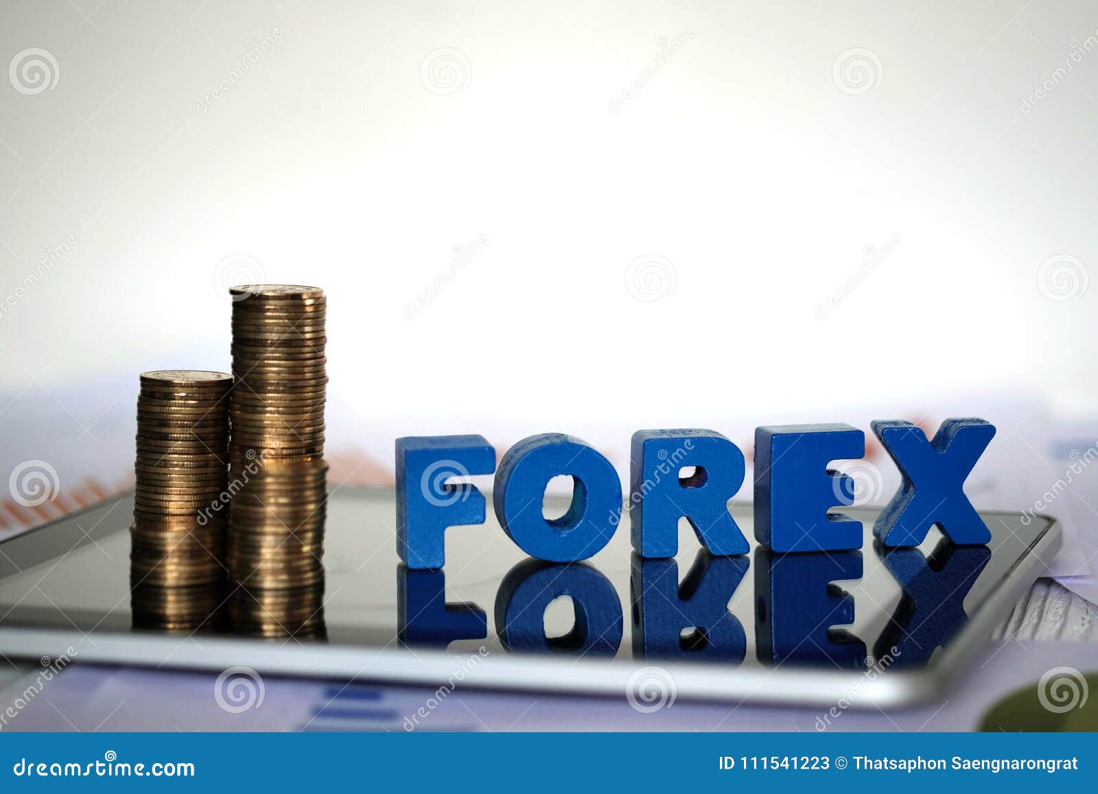 FOREX Text and Stack of Coin with Tablet Computer and Financial Stock ...