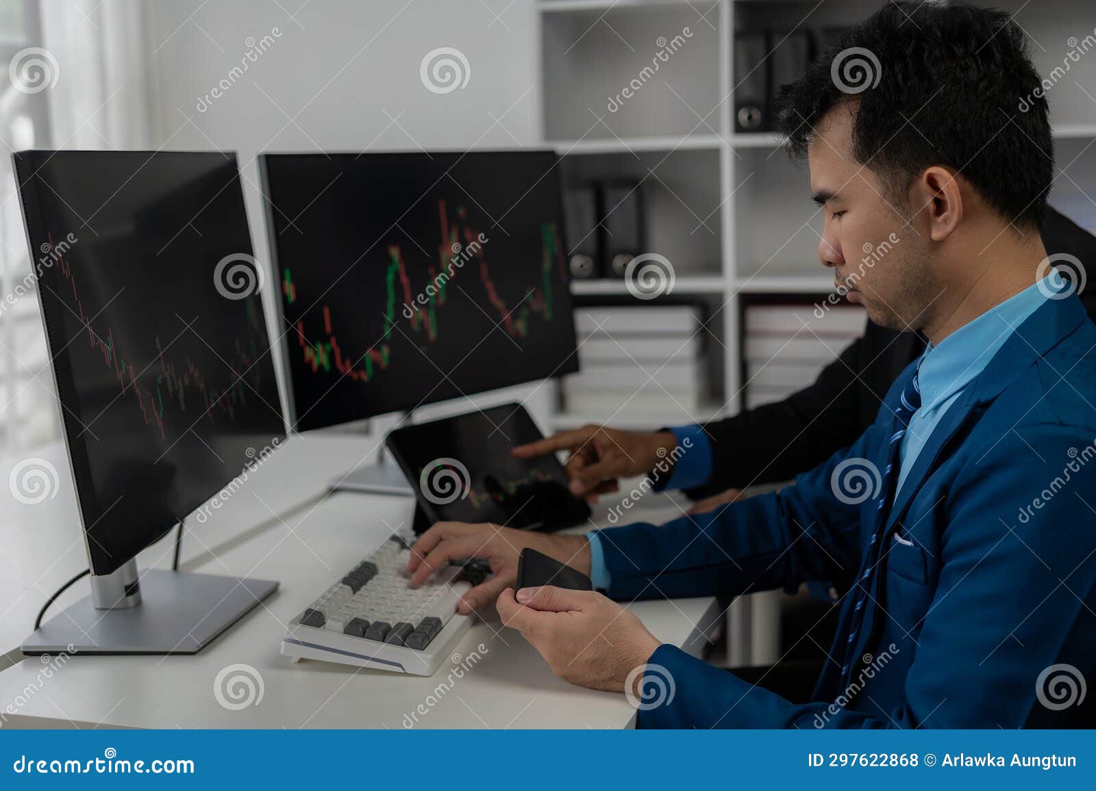 Forex Traders Man in Front of Multiple Computer Monitors Automated ...