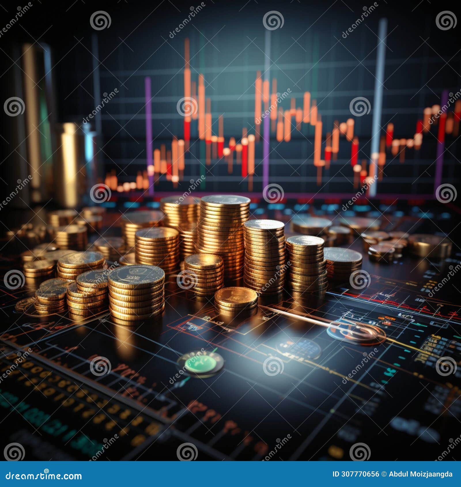 Forex Trading Dynamics Illustrated with Coins and Market Graph Backdrop ...