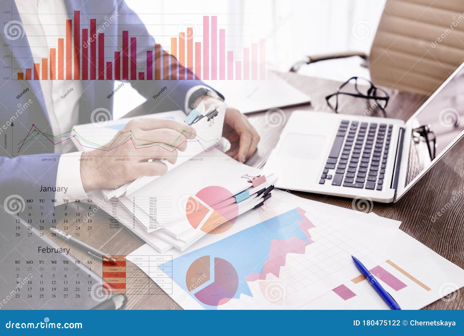 Forex Trading. Man Working with Documents in Office and Charts Stock ...