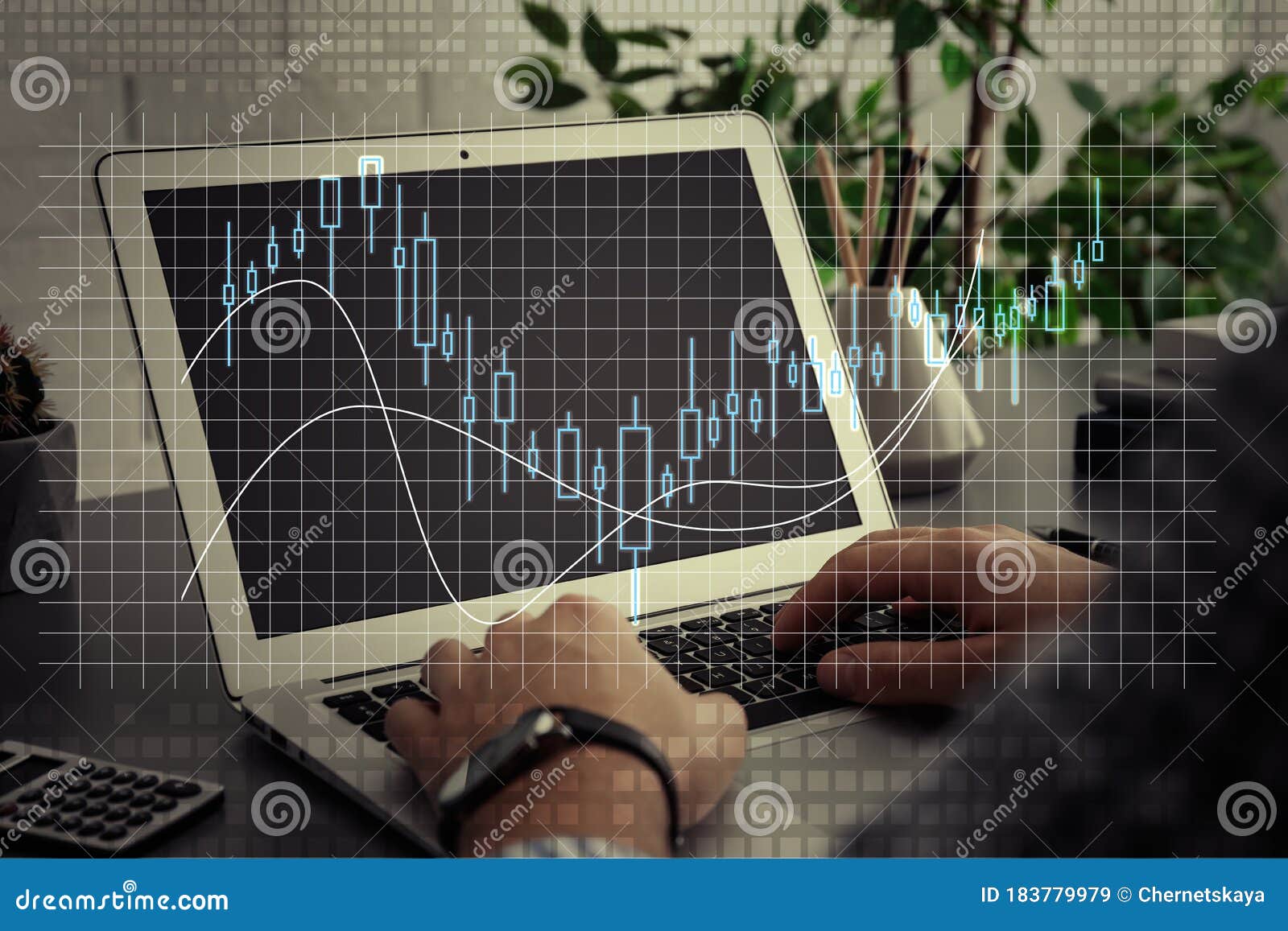 Forex Trading. Man Working with Laptop at Table and Chart Stock Image ...