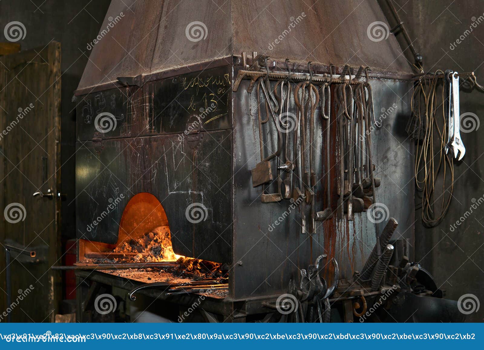 Forge Furnace with Burning Flame and Blacksmith Tools Stock Image ...