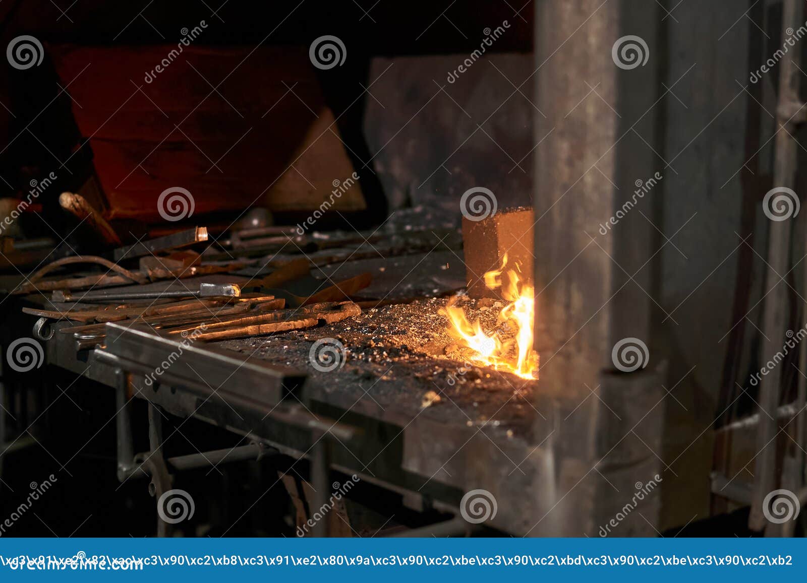 Forge Furnace with Burning Flame and Blacksmith Tools Stock Image ...