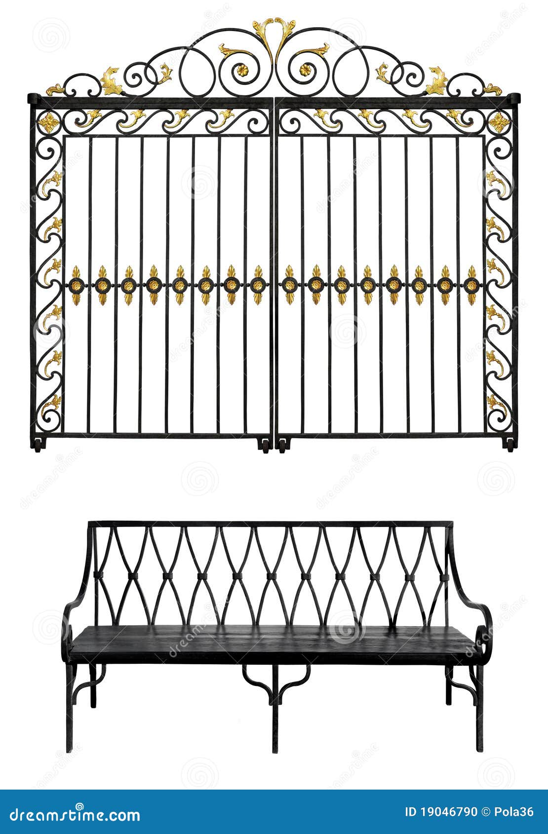 Forged Gate with Gold Flowers and Old Bench Stock Photo - Image of ...
