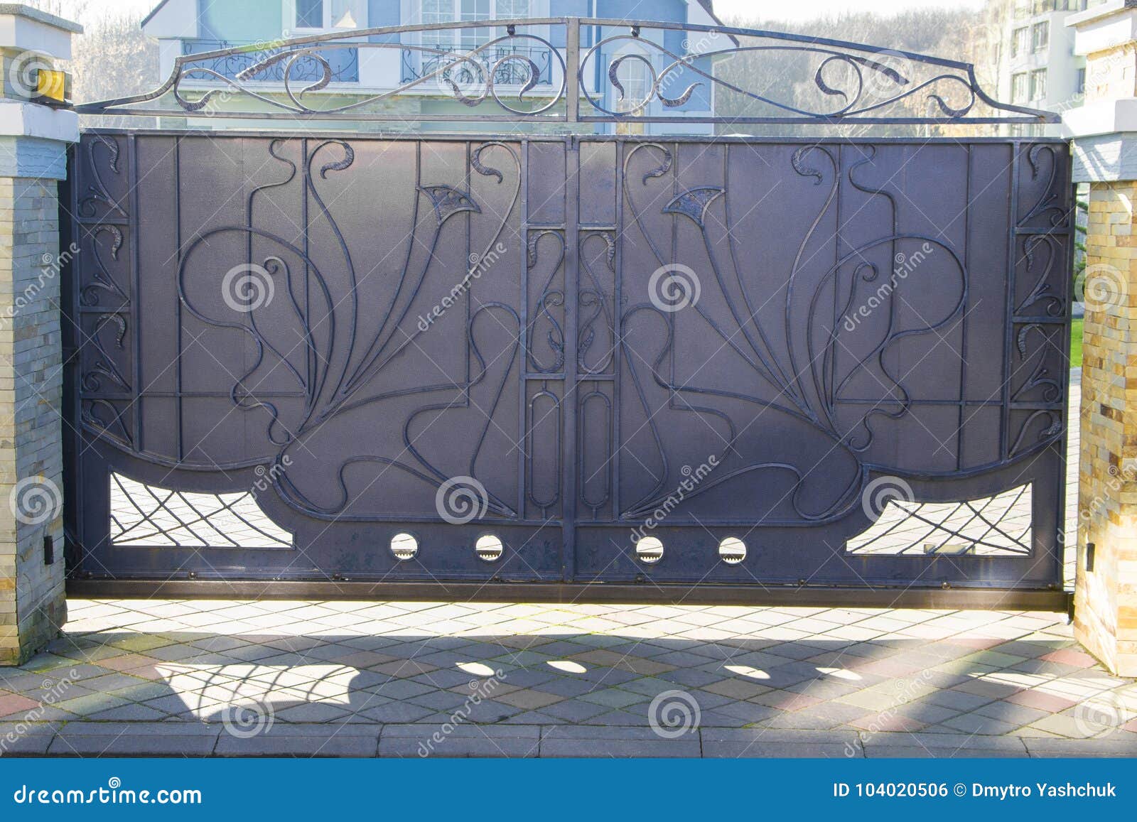 Forged Gates and Gate. Front of the House. Stock Photo - Image of brick ...