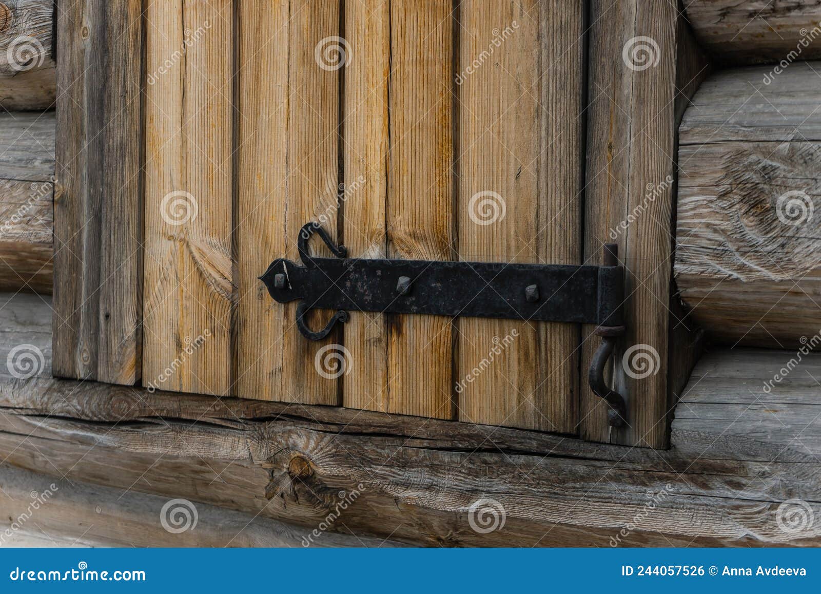Forged Hinge on the Wooden Shutter Close Up. Ancient Russian ...
