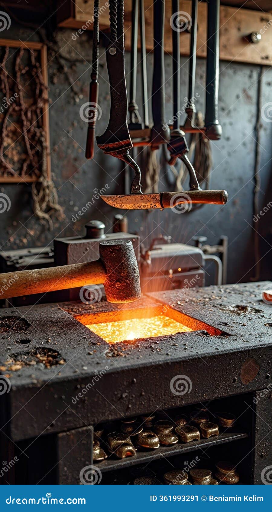 Forging Knife Blade in Blacksmith Workshop with Sparks and Tools Stock ...