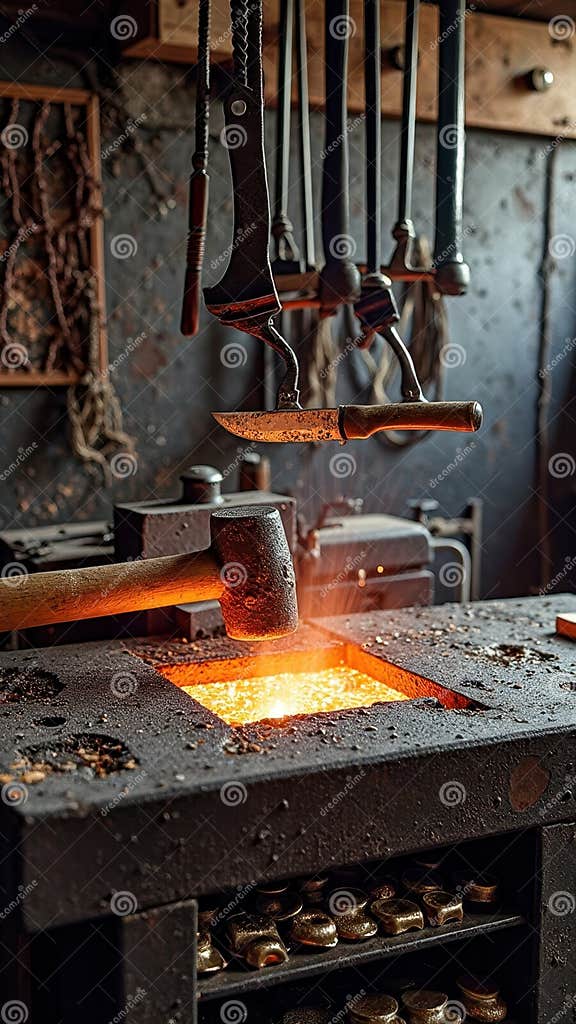 Forging Knife Blade in Blacksmith Workshop with Sparks and Tools Stock ...