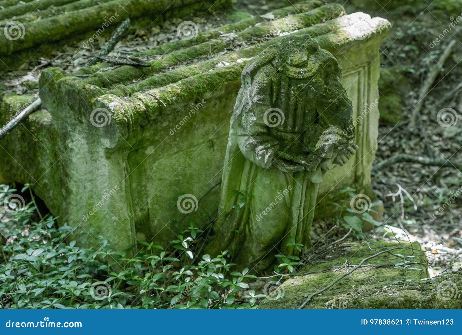 Forgotten Old Abandoned Cemetery in the Woods. Broken Grave Monuments ...