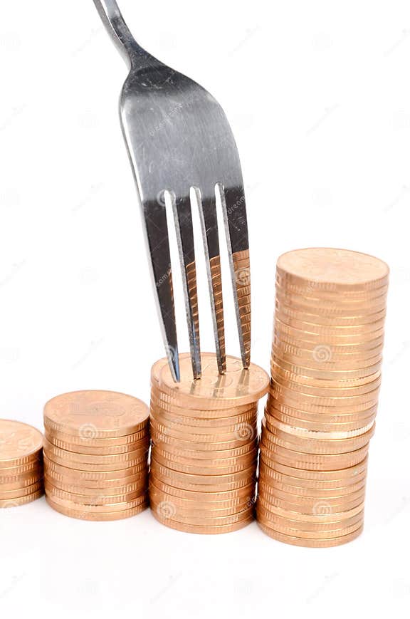 Fork and coins stock photo. Image of bill, finance, column - 28561376