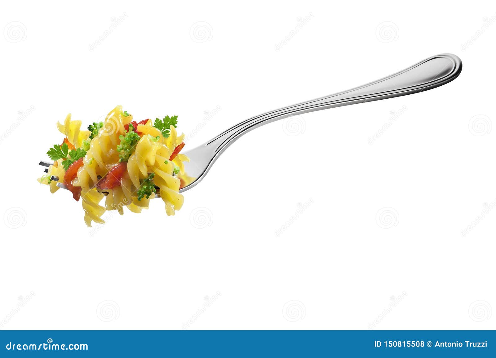 Fork with Fusilli Pasta Broccoli Tomatoes and Aromatic Herbs Stock ...