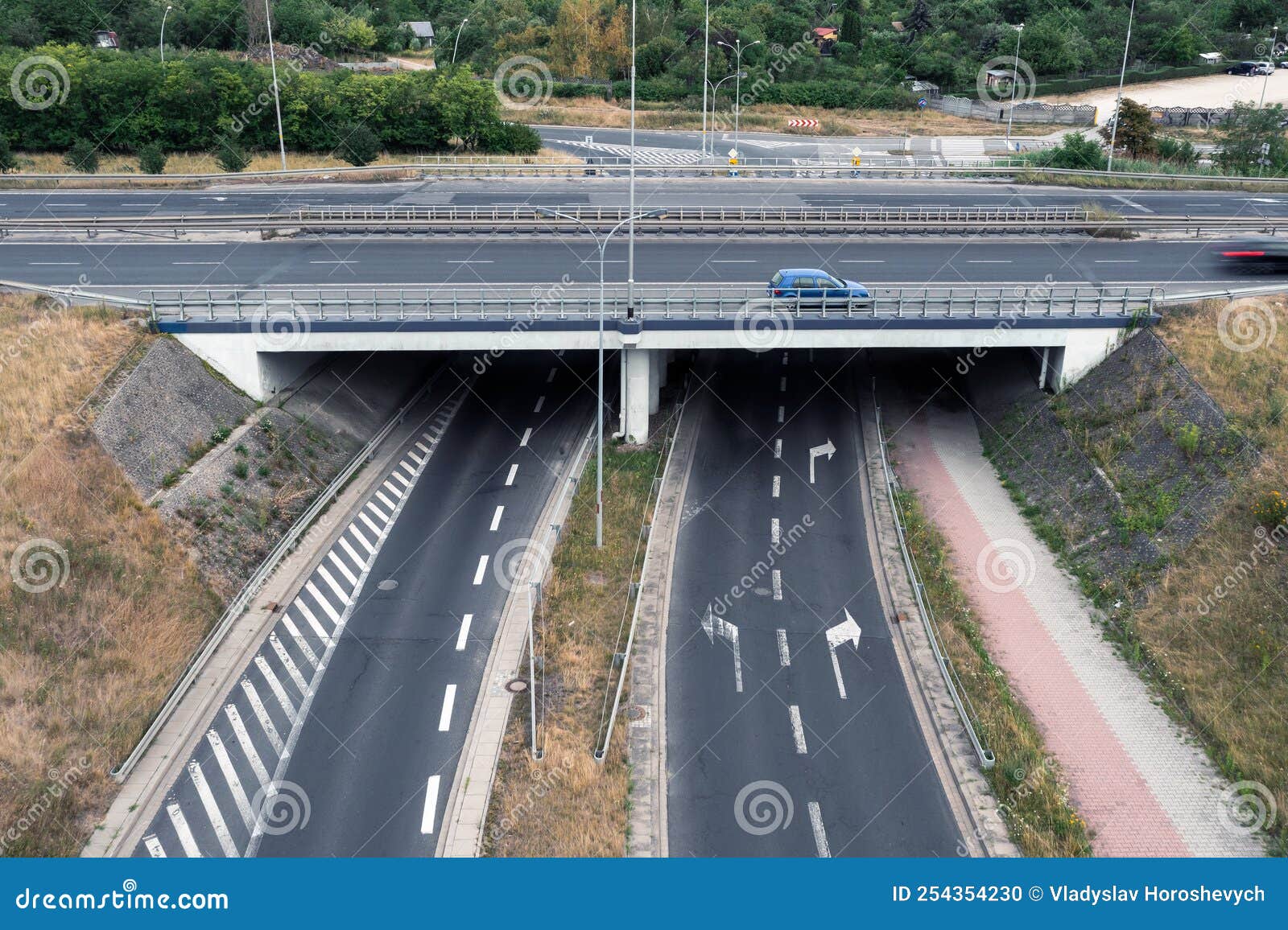 Fork in the Highway, Passing the Bridge on the Highway Stock Photo ...