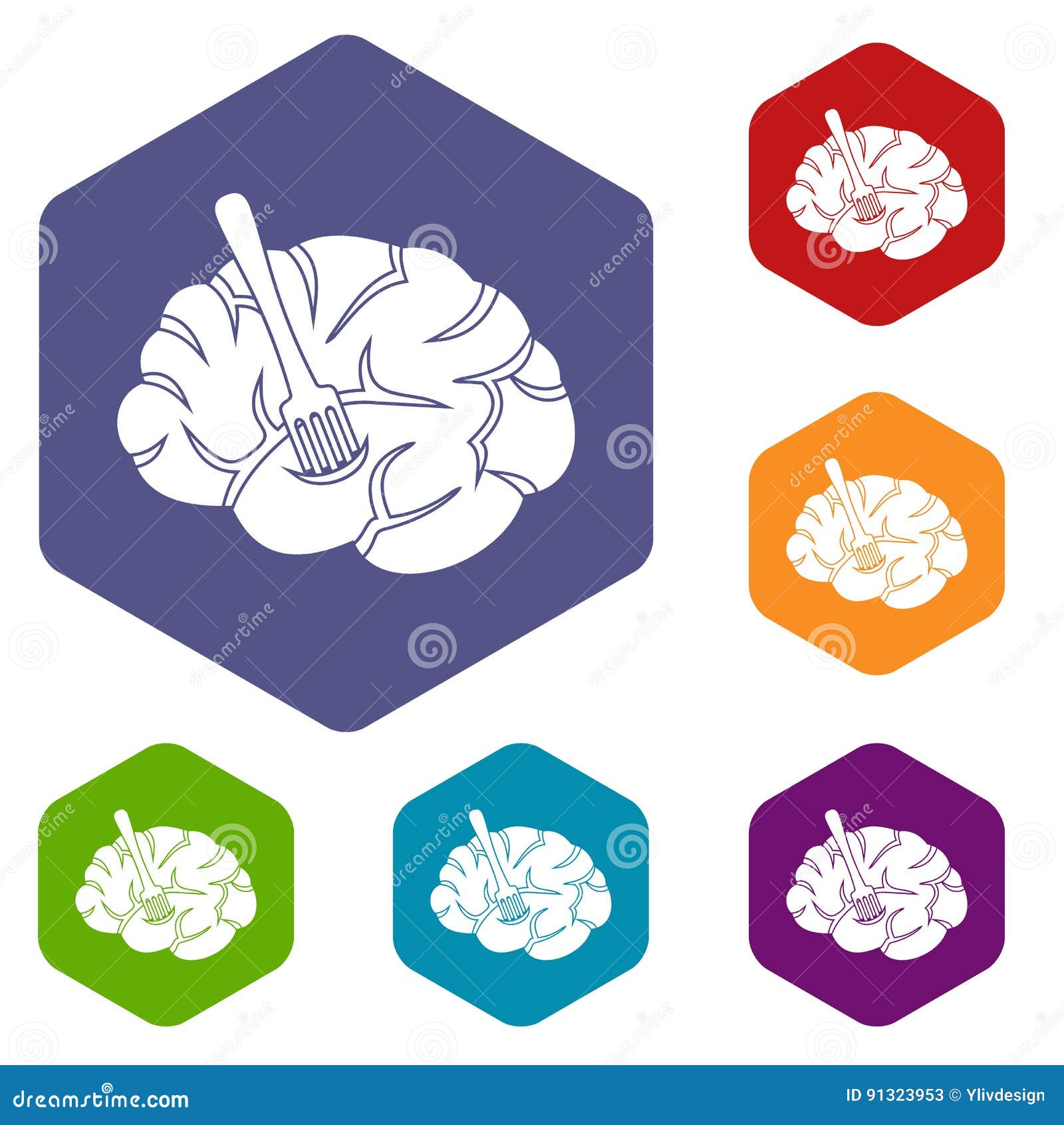 Fork is Inserted into the Brain Icons Set Hexagon Stock Vector ...