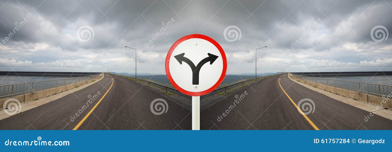 Two Roads, Road Sign Ahead With Arrows Blue Sky Background Royalty-Free ...