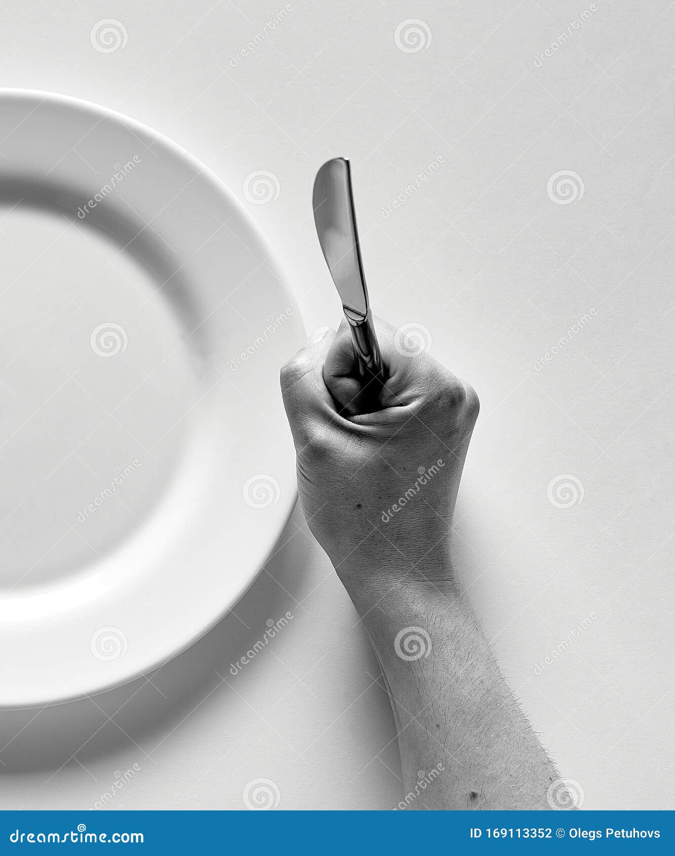 Fork and Knife in Hands Black and White Stock Photo - Image of flatware ...