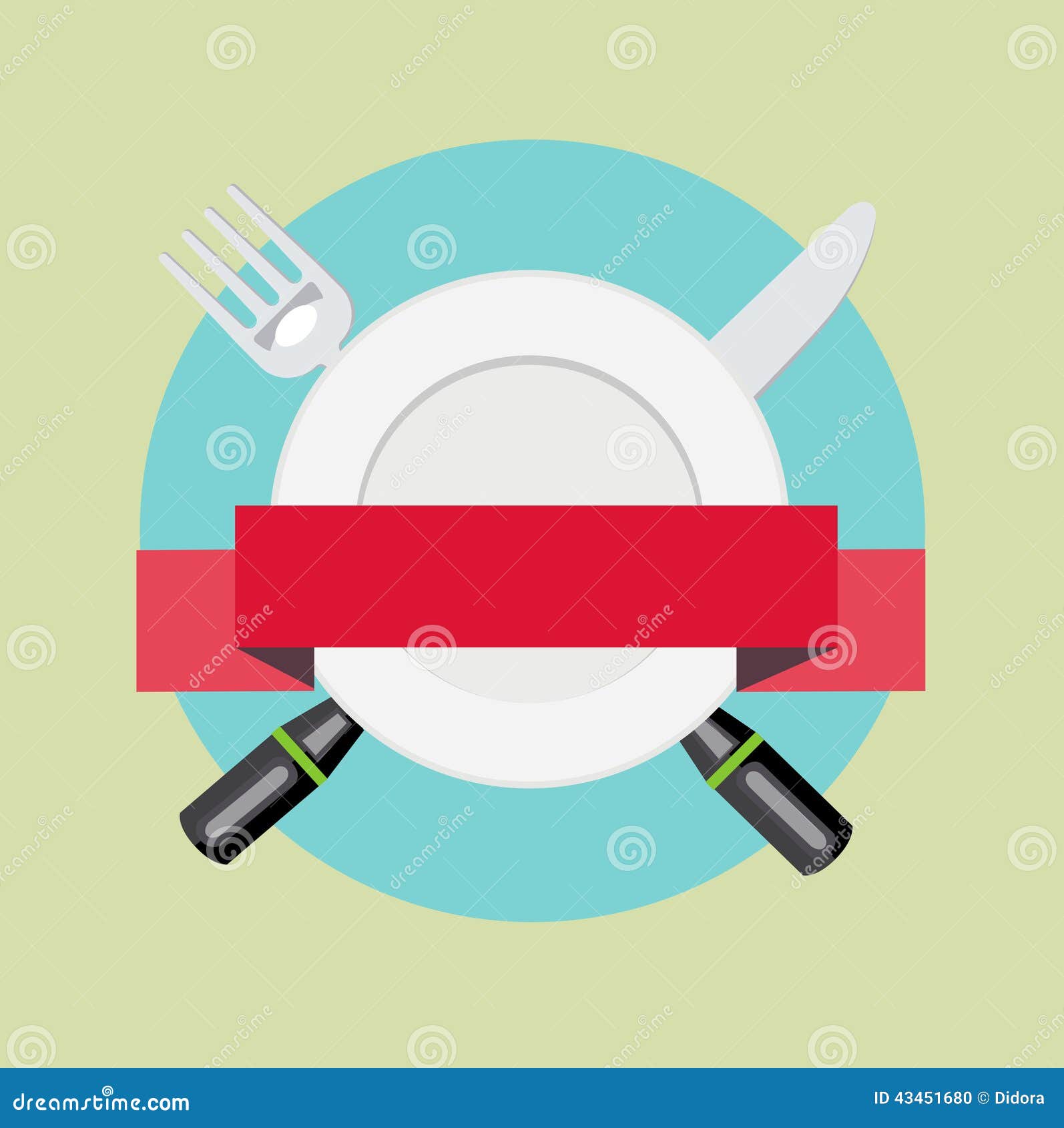 Fork and Knife with Plate and Red Ribbon Banner Stock Illustration ...