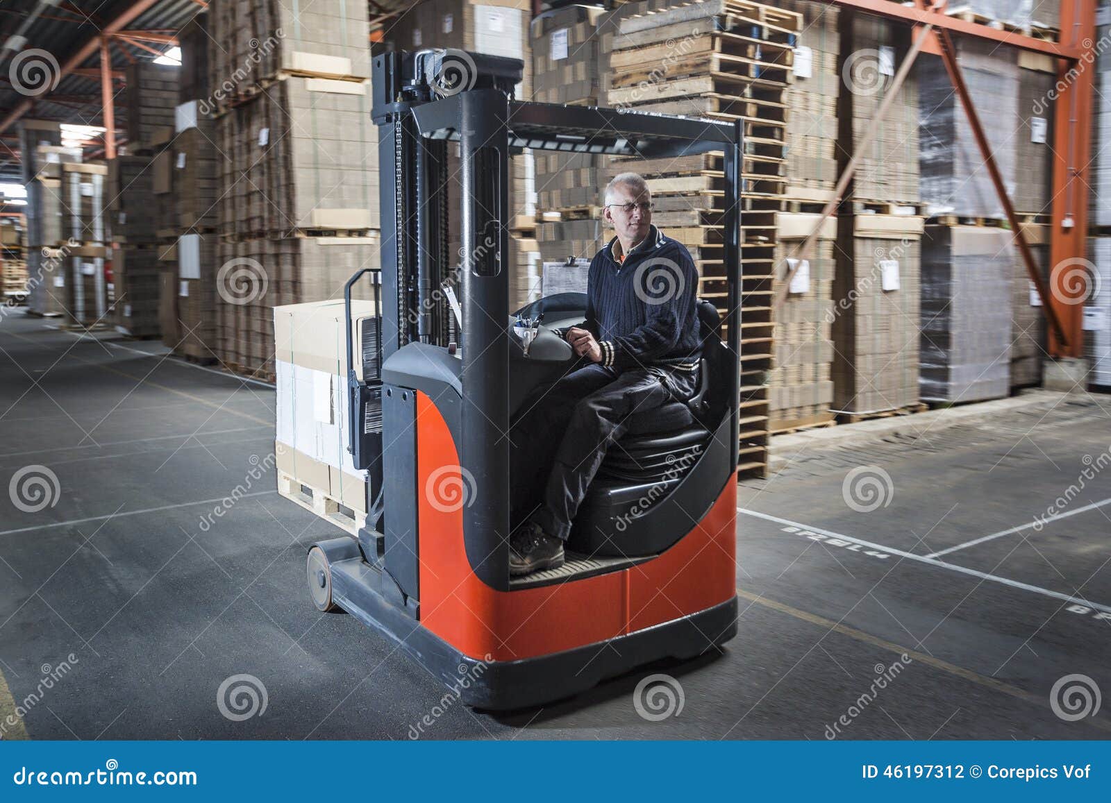Man On Lift Operator In Uniform At Warehouse Stock Image ...