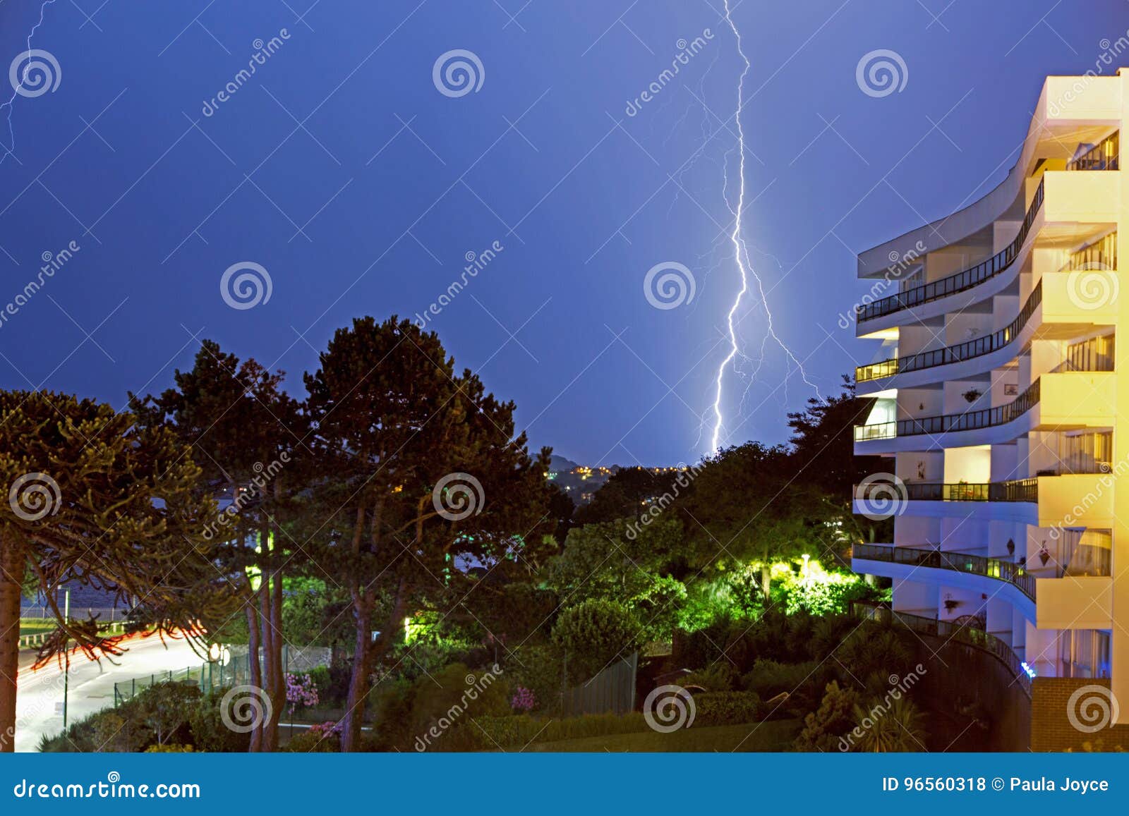 Fork Lightning Against a Blue Night Sky - Torquay, DEVON Stock Photo ...