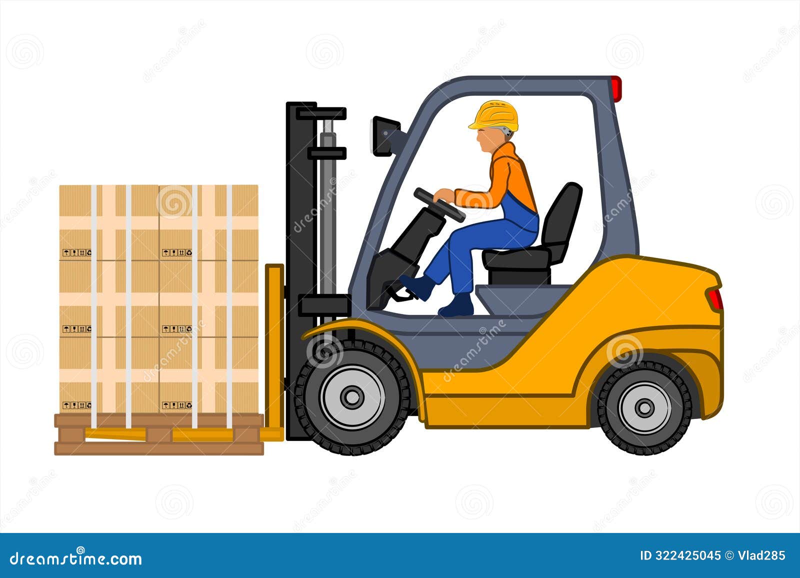Man Driving a Forklift. Industrial Forklift Truck with Boxes Stock ...