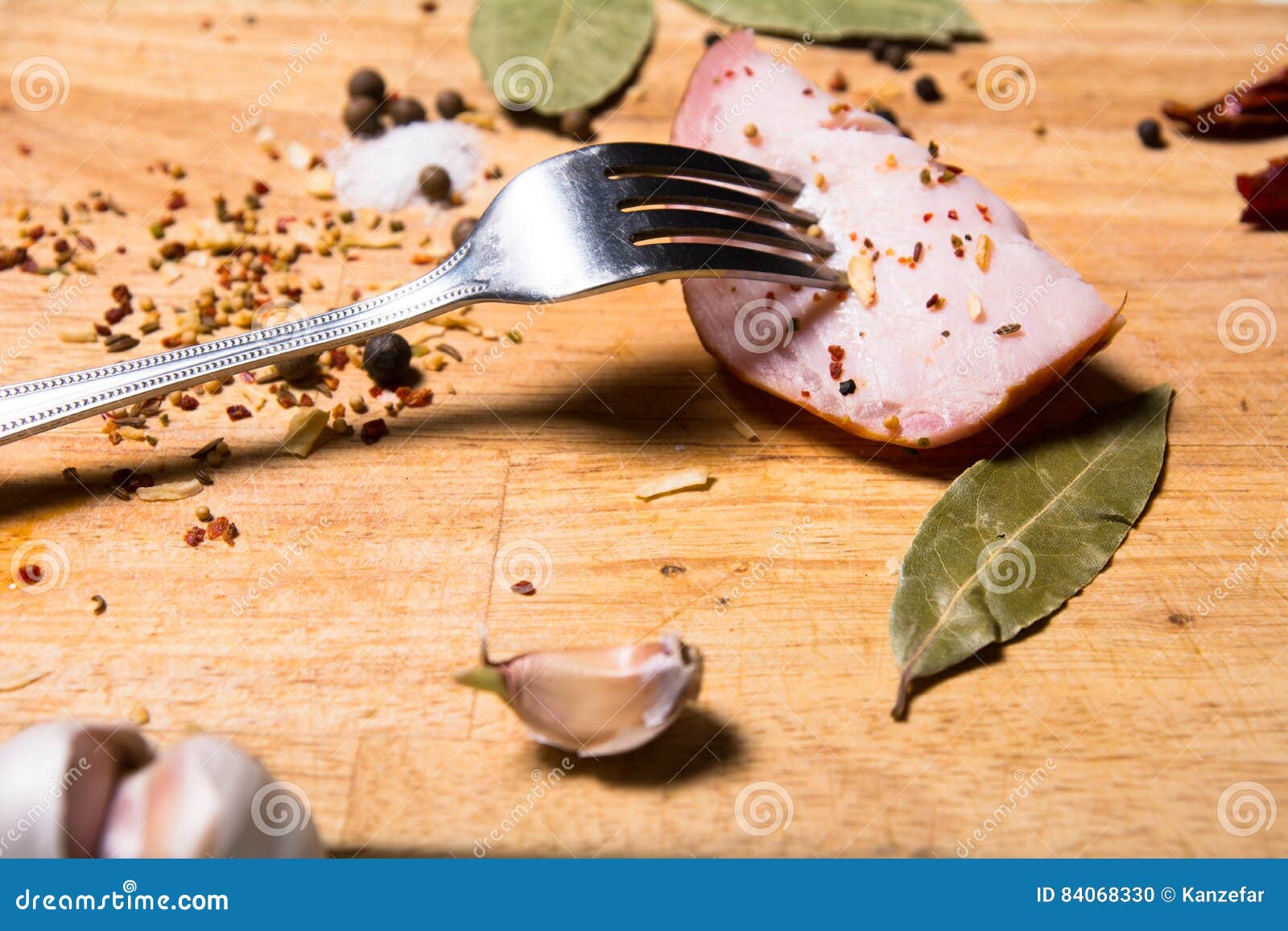 Fork with a Slice of Bacon on Board Herbs Stock Photo - Image of cured ...