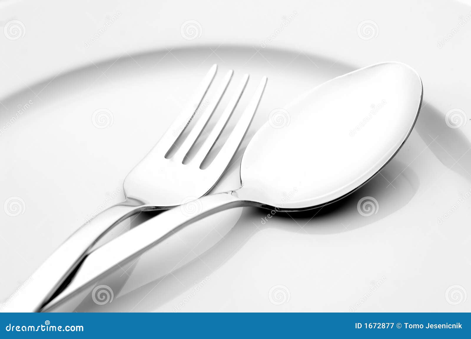 Fork and Spoon on White Plate Stock Image - Image of hungry, fork: 1672877
