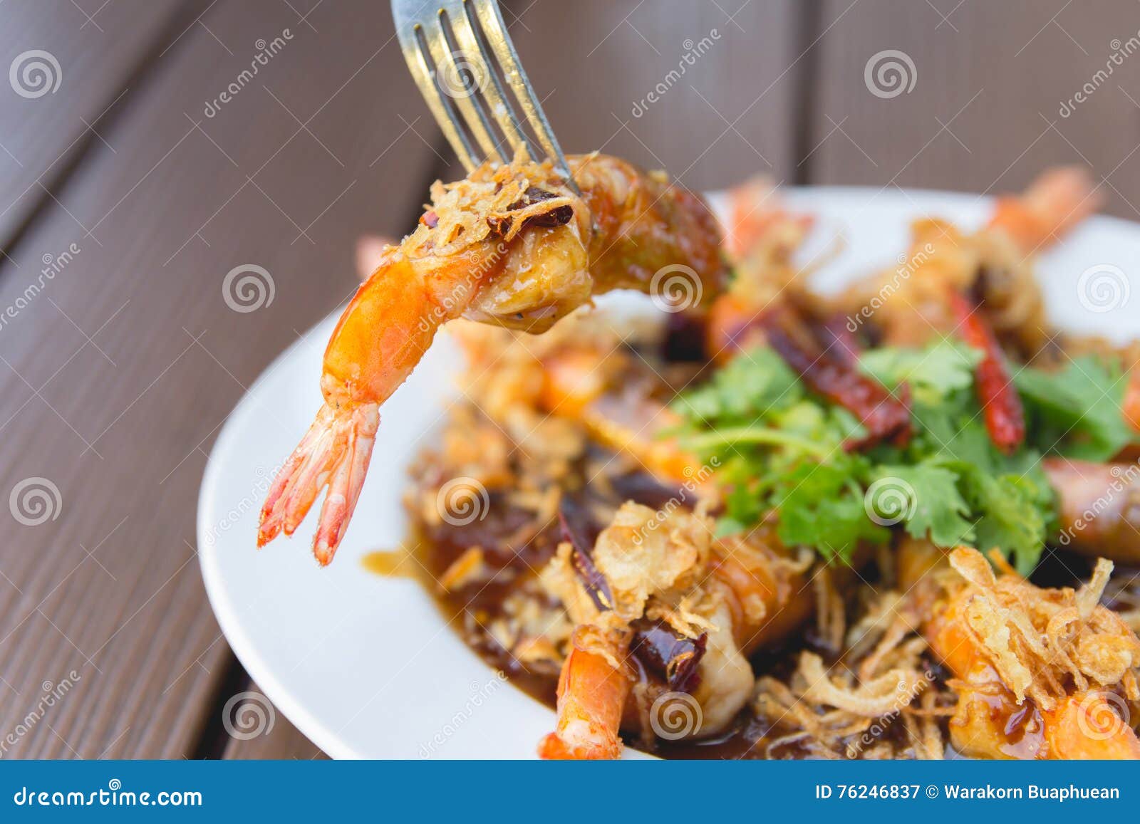 Fork Stabbing Fried Shrimp with Tamarind Sauce Stock Image - Image of ...