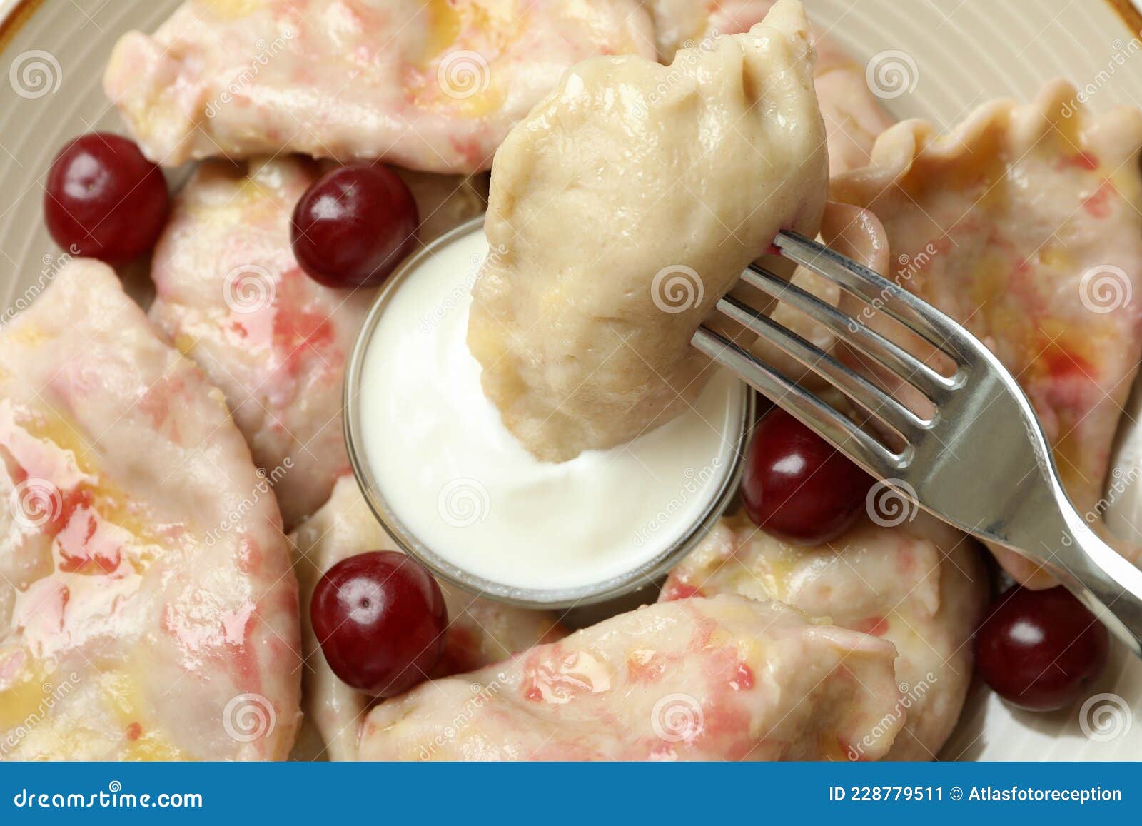 Fork with Tasty Pierogi with Cherry, Close Up Stock Image - Image of ...