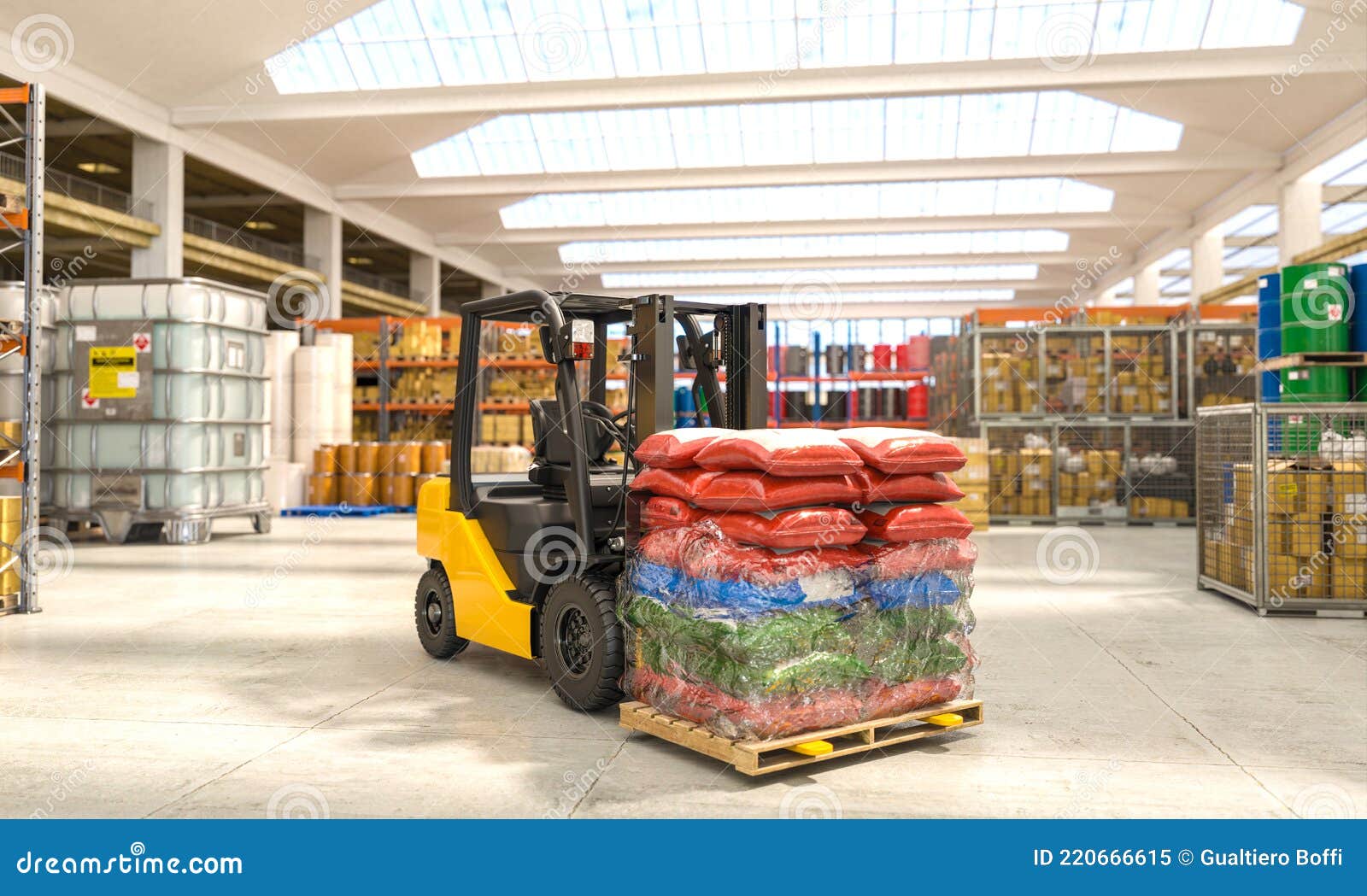Forklift in Action Inside a Warehouse Full of Goods Stock Illustration ...