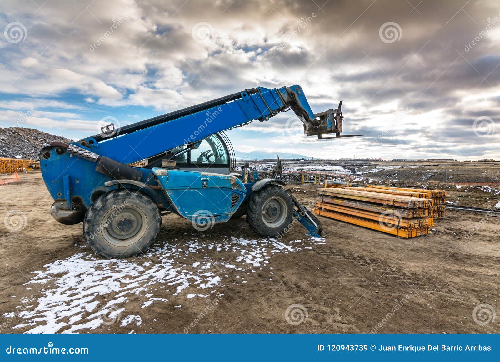 Forklift on a Construction Site, Preparing To Raise Construction Parts ...