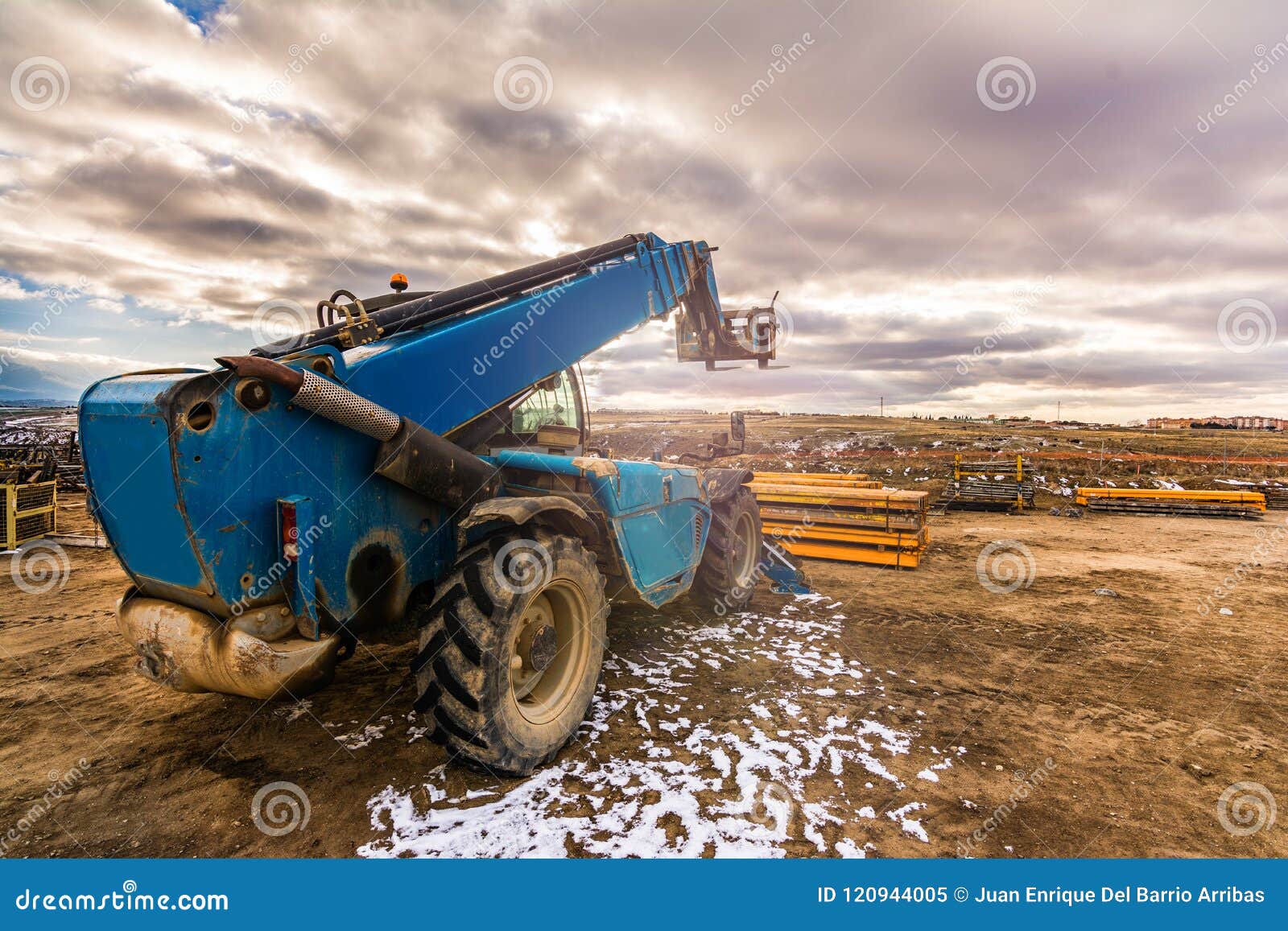 Forklift on a Construction Site, Preparing To Raise Construction Parts ...
