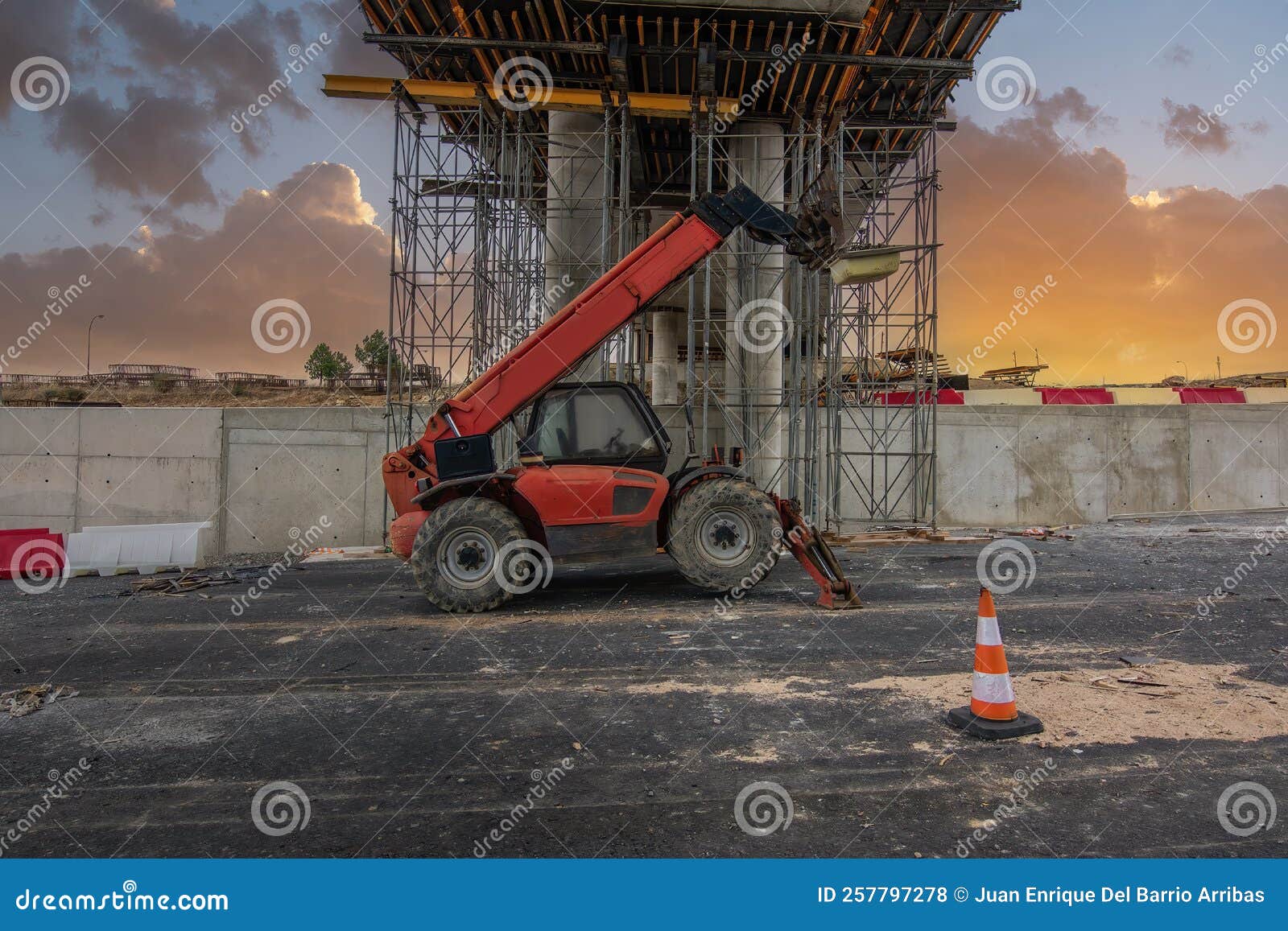Forklift on a Construction Site, Preparing To Raise Construction Parts ...