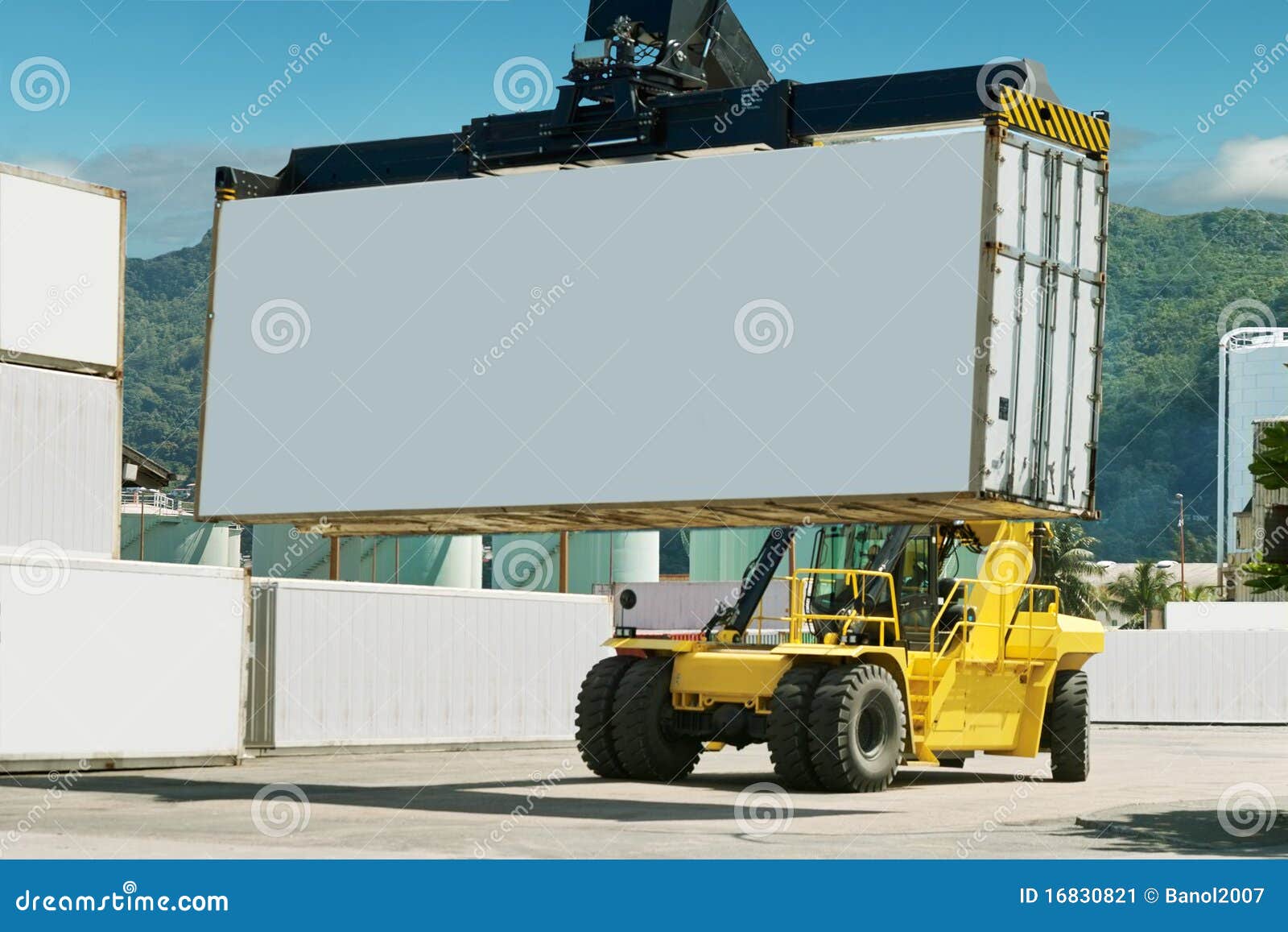 Forklift Hoisting Cargo And Shipping Containers Stock Photo ...