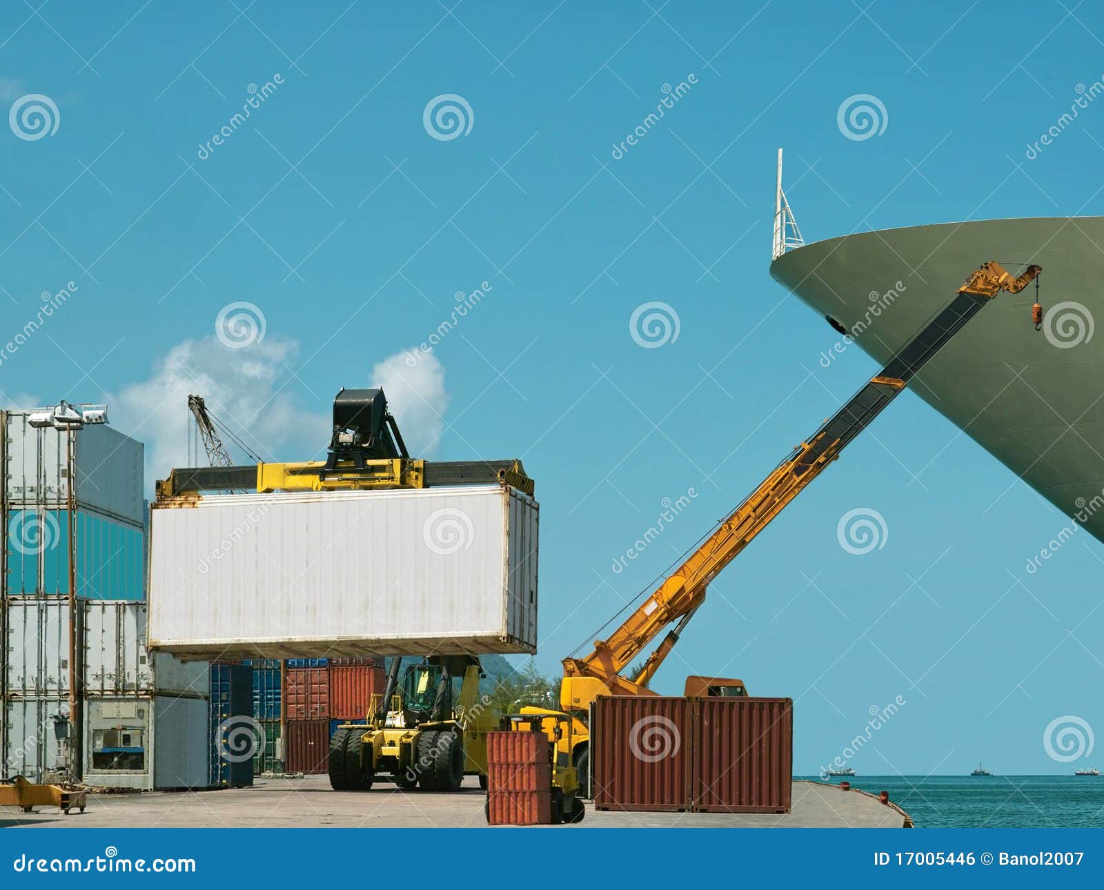 Forklift, Crane in Busy Container Port. Stock Photo - Image of horizon ...