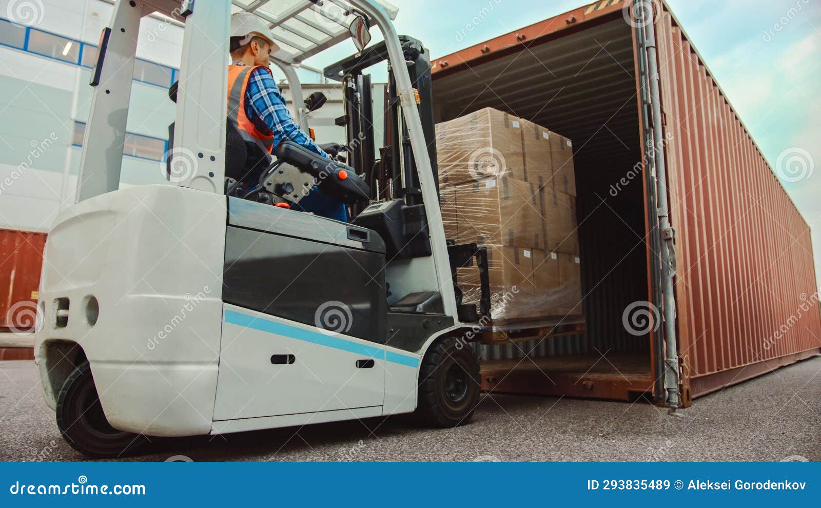 Forklift Driver Loading a Shipping Cargo Container with a Full Pallet ...