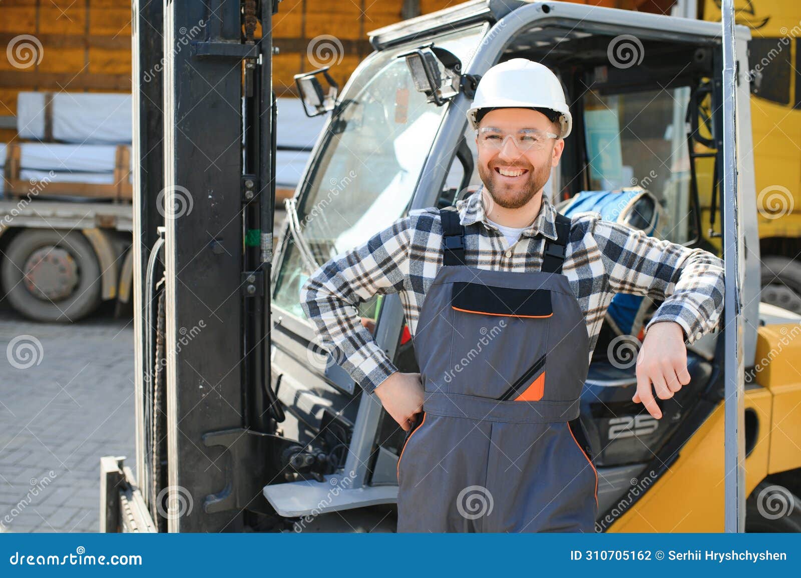 Forklift Driver in Protective Vest and Forklift Standing at Warehouse ...