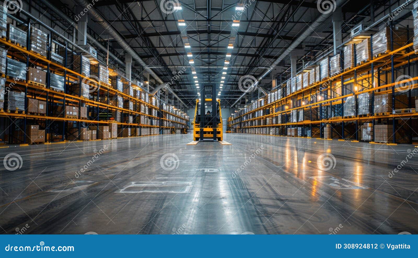 Forklift Driving Down Aisle in Large Warehouse with High Shelves Stock ...