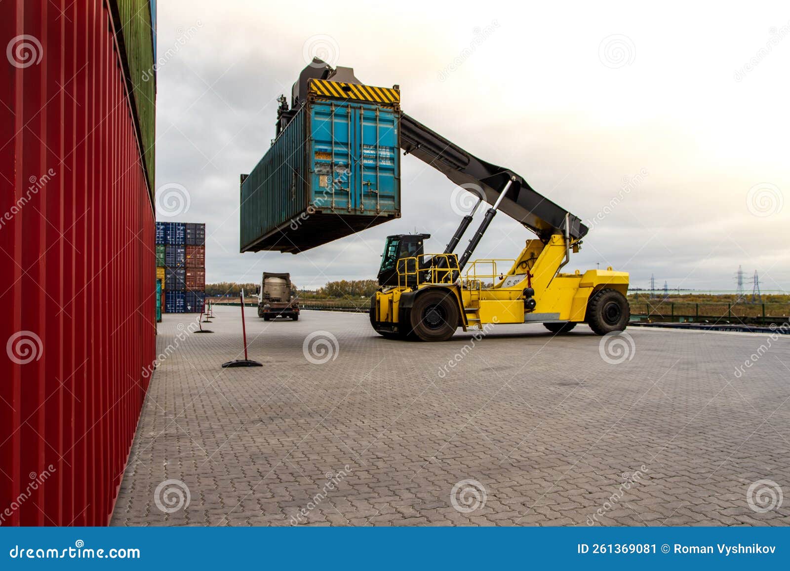 Forklift Handling Cargo Container. Freight Container Loading Stock ...