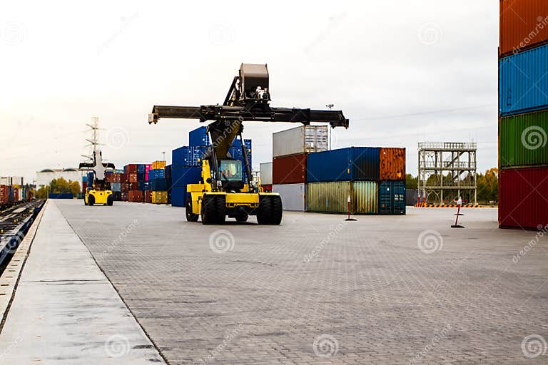 Forklift Handling Cargo Container. Freight Container Loading Stock ...