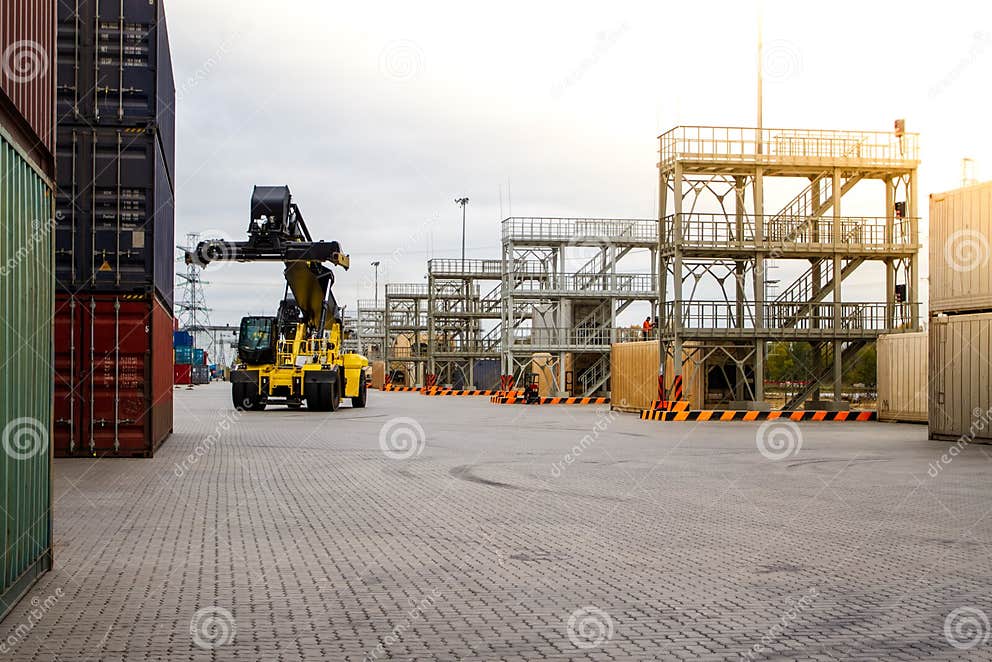 Forklift Handling Cargo Container. Freight Container Loading Stock ...