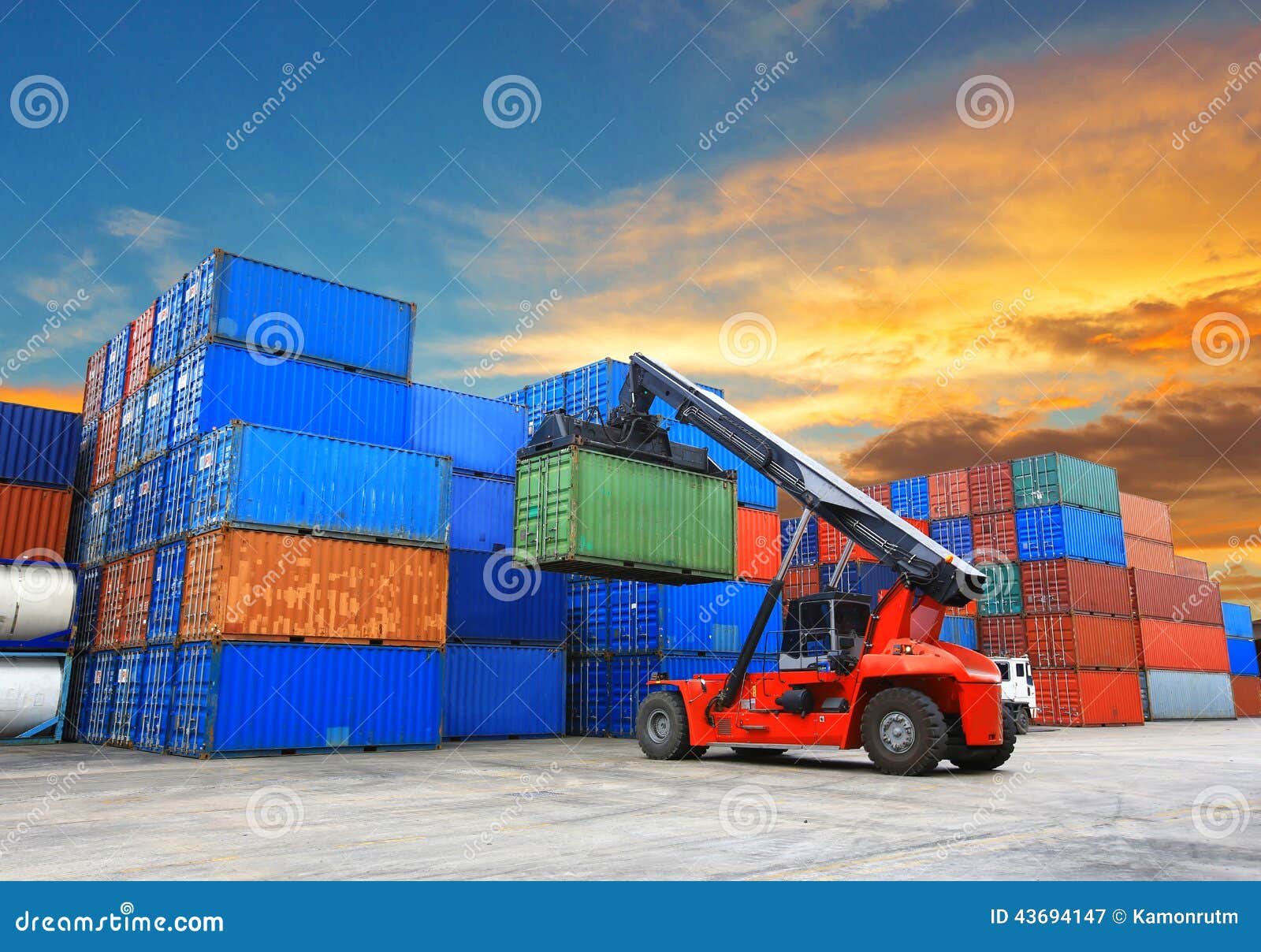 Forklift Handling the Container Box at Dockyard Stock Image - Image of ...