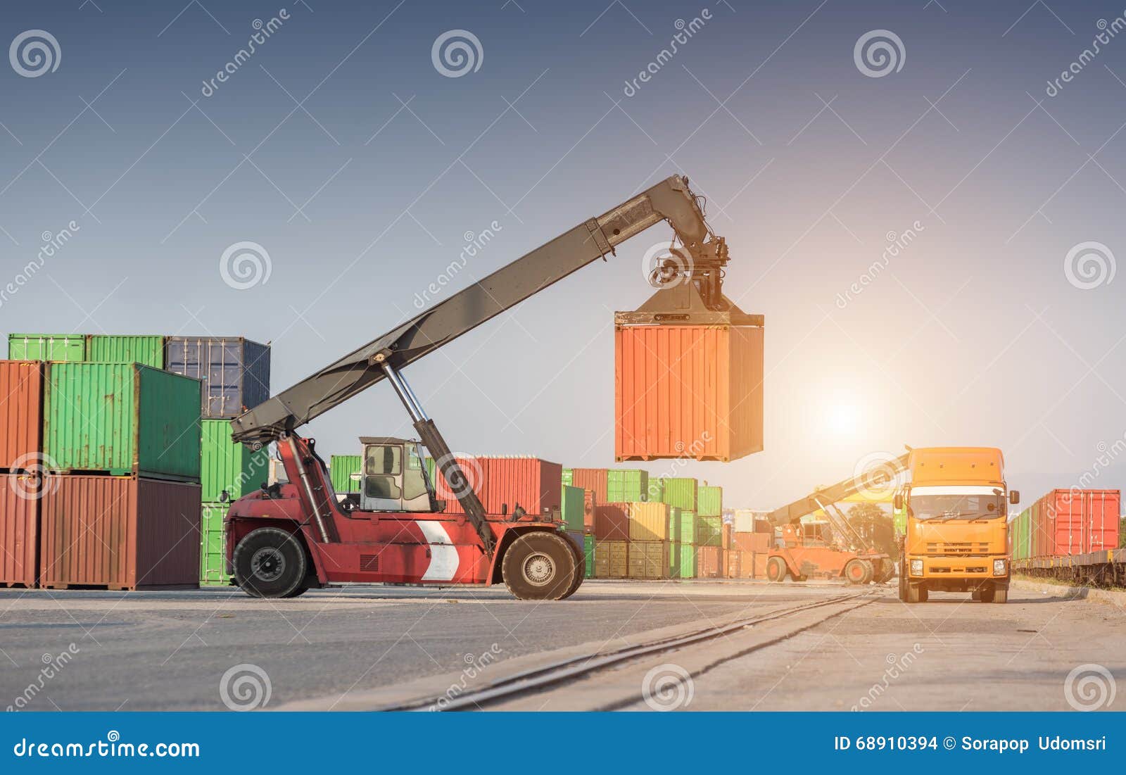 Forklift Handling Container Box Loading Stock Photo - Image of cargo ...