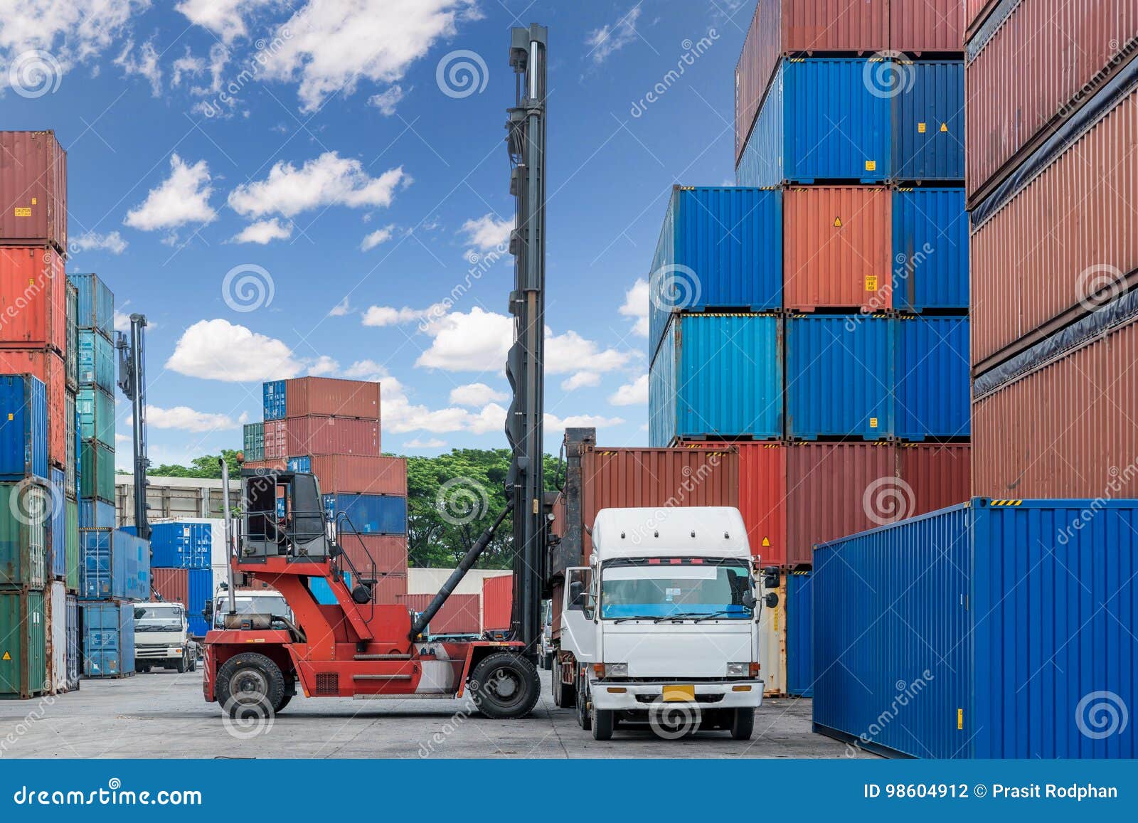 Forklift Handling Container Box Loading at Docks with Truck for Stock ...