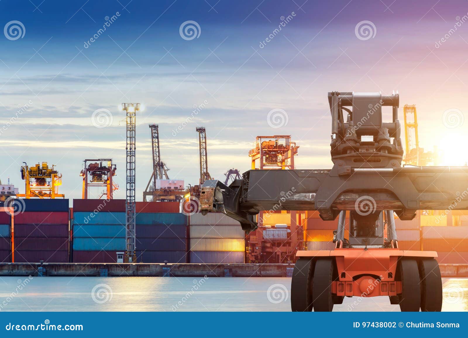 Forklift Handling Container Box Loading at Port Cargo Stock Photo ...