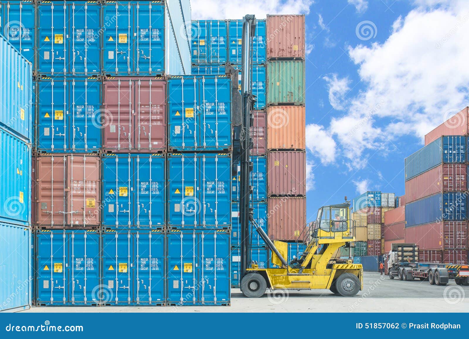 Forklift Handling Container Box Loading To Depot Stock Photo - Image of ...